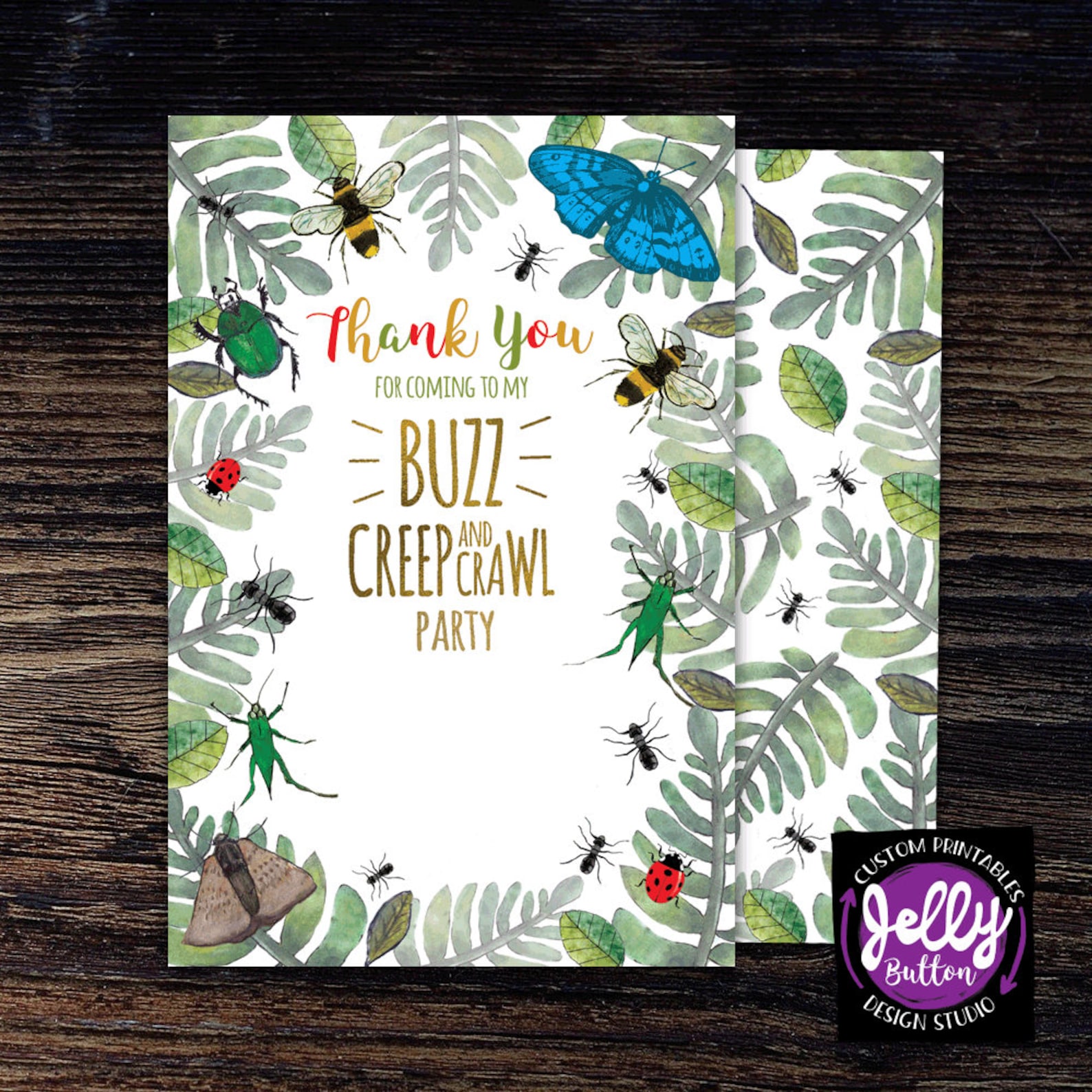 Buz Creep & Crawl Thank You Card, Bug Thank You Card, Insect Party ...