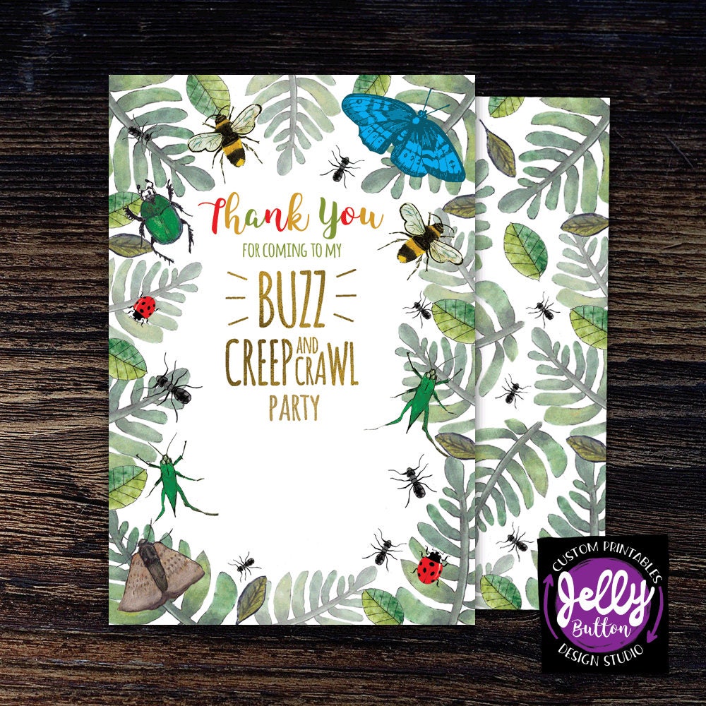 Buz Creep & Crawl Thank You Card, Bug Thank You Card, Insect Party ...
