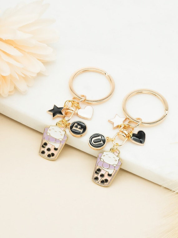 Pink Purple Boba Milk Tea Personalized Initial Keychain With - Etsy