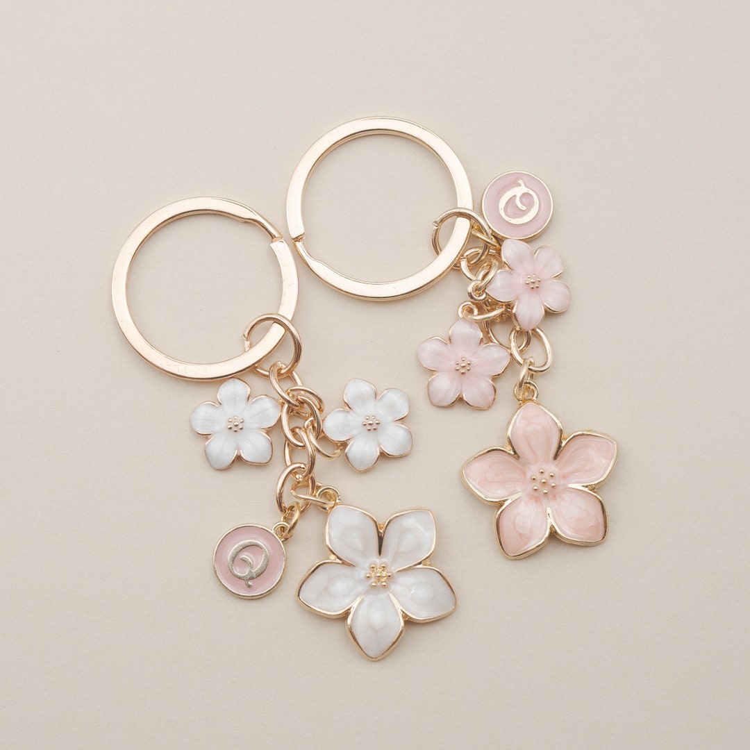 Cherry Blossom Pink/white Flower Charms Keychain With Custom Name ...