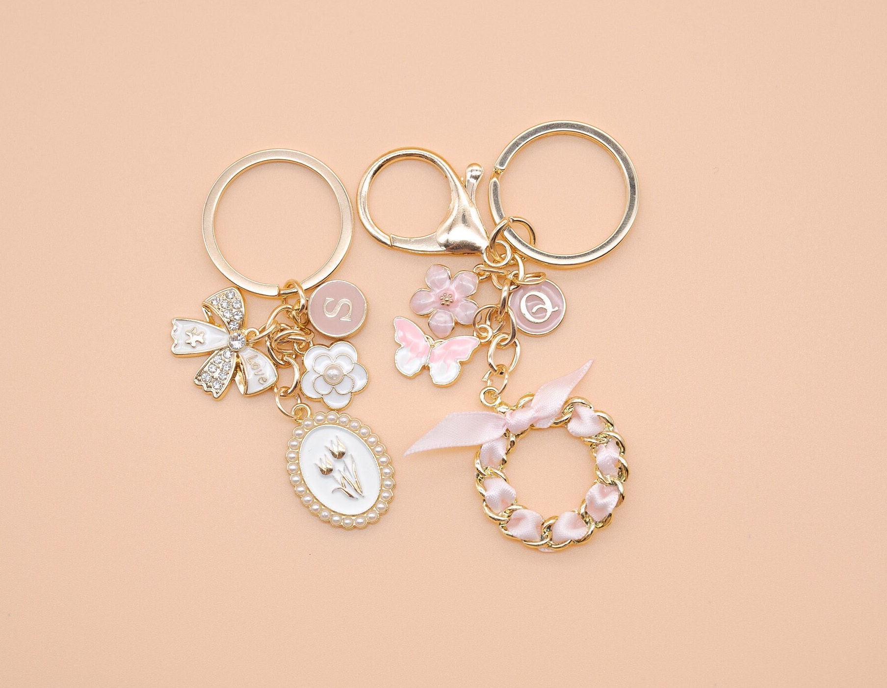 Personalized Girly Keychain With Bow Charm, Butterfly Charm, Flowers ...