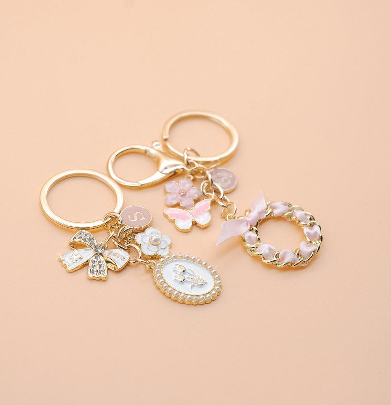 Personalized Girly Keychain With Bow Charm, Butterfly Charm, Flowers ...