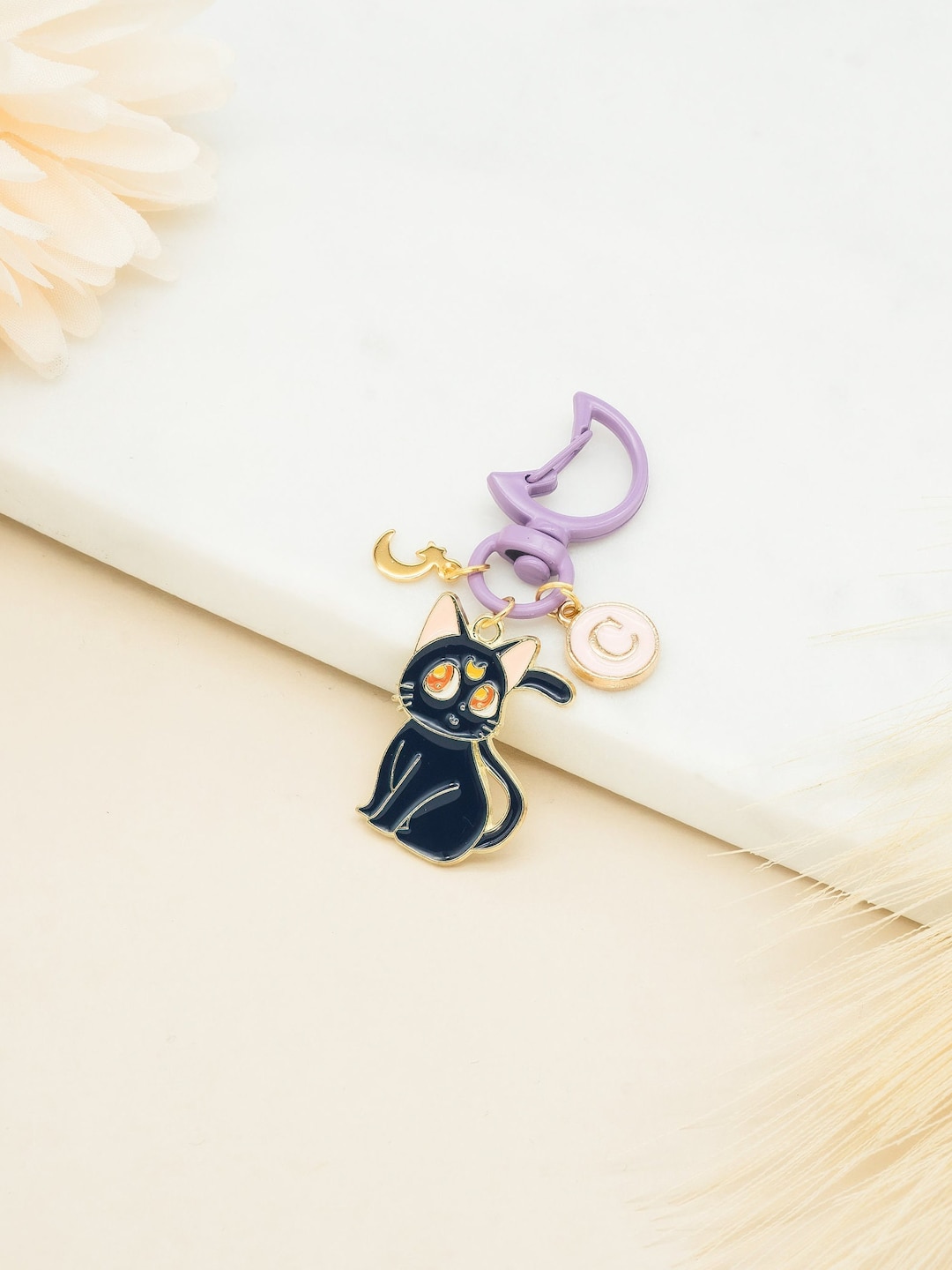 Personalized Initial Luna Artemis Moon Cat Keychain Bag Charm - Etsy
