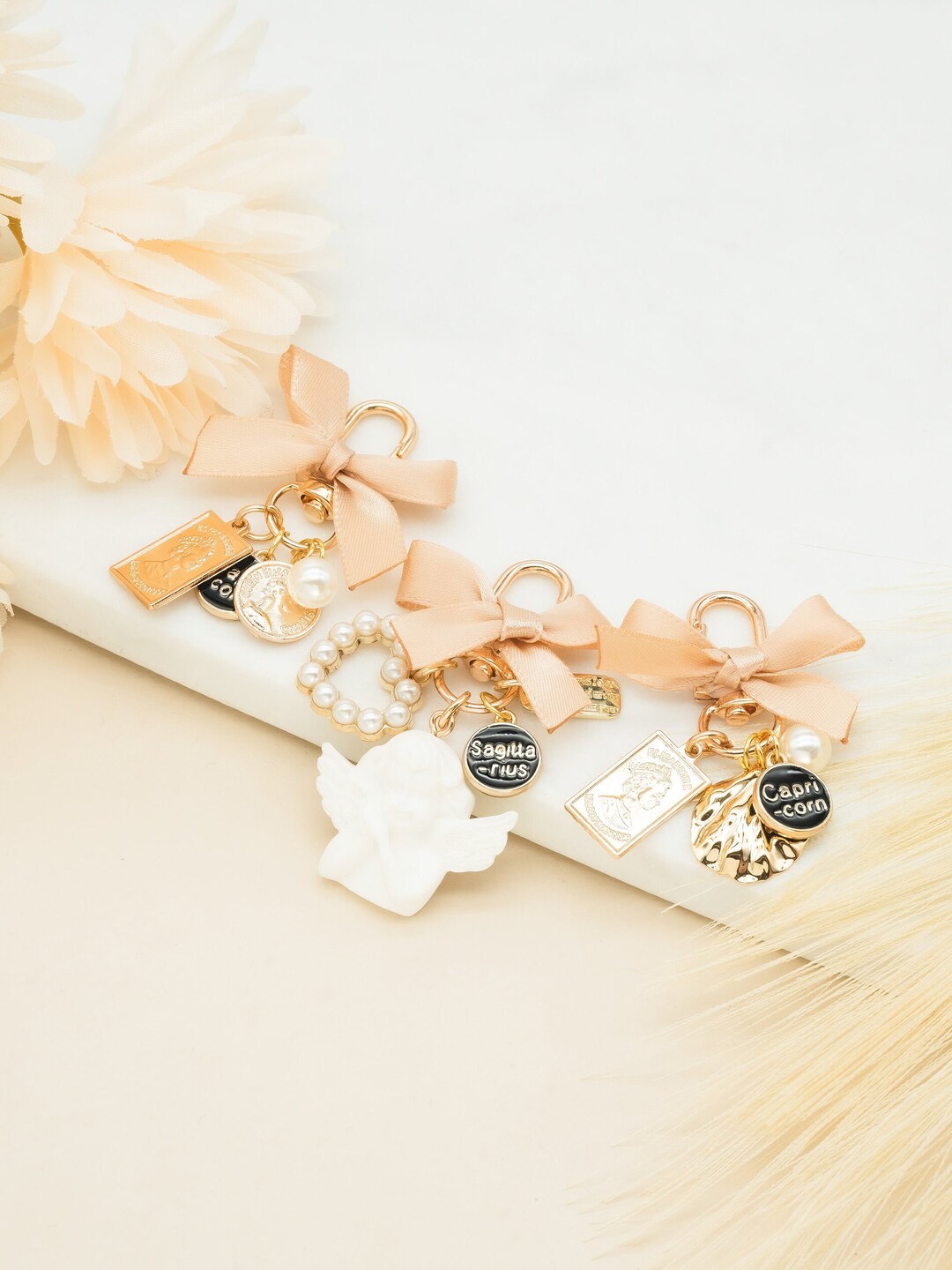 Zodiac Dainty Keychain | Baby Angel, Heart, Pearl Charm | Initial ...