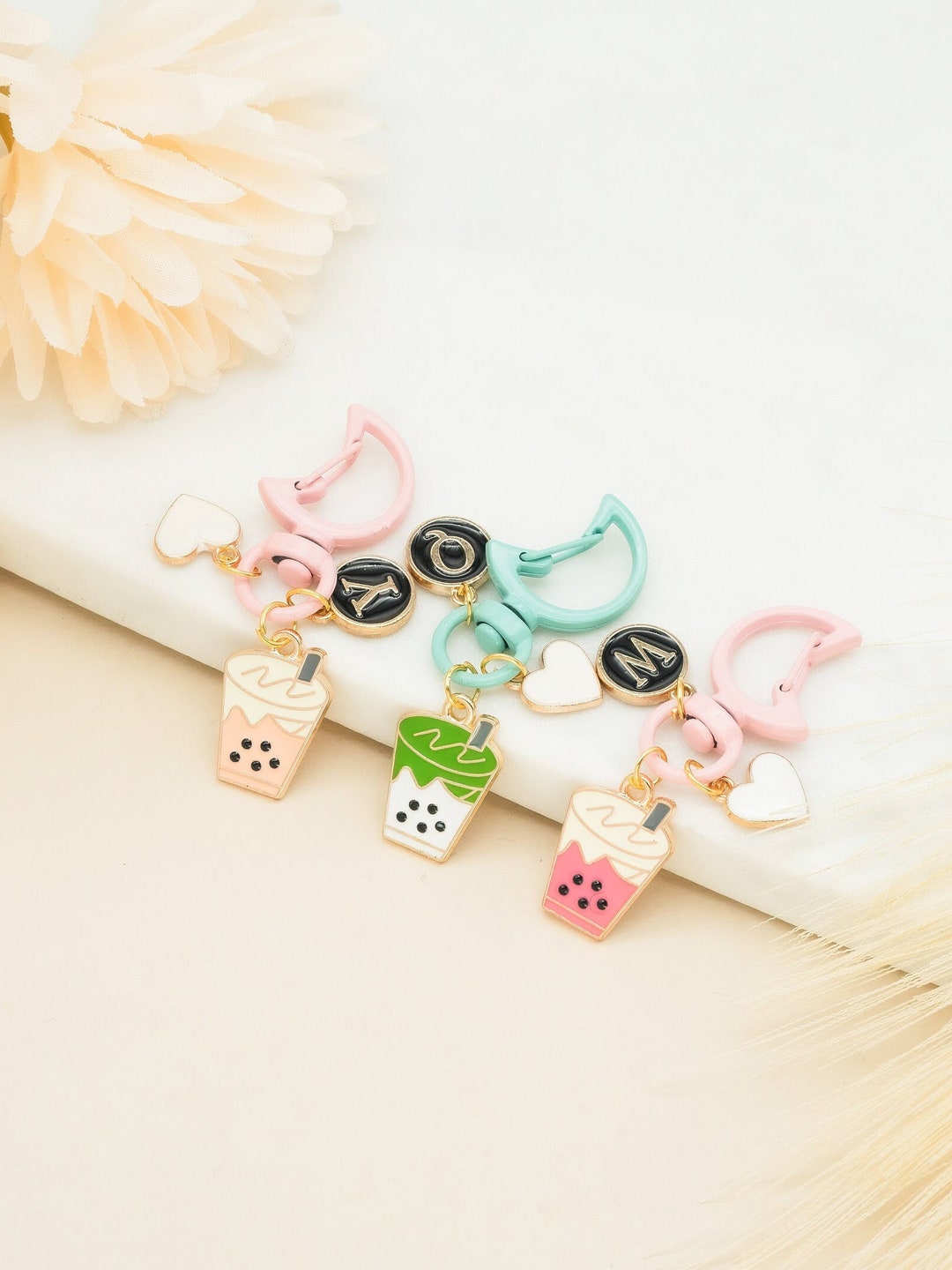 Personalized Pink Initial Boba Milk Tea Keychain for Key Cars With ...