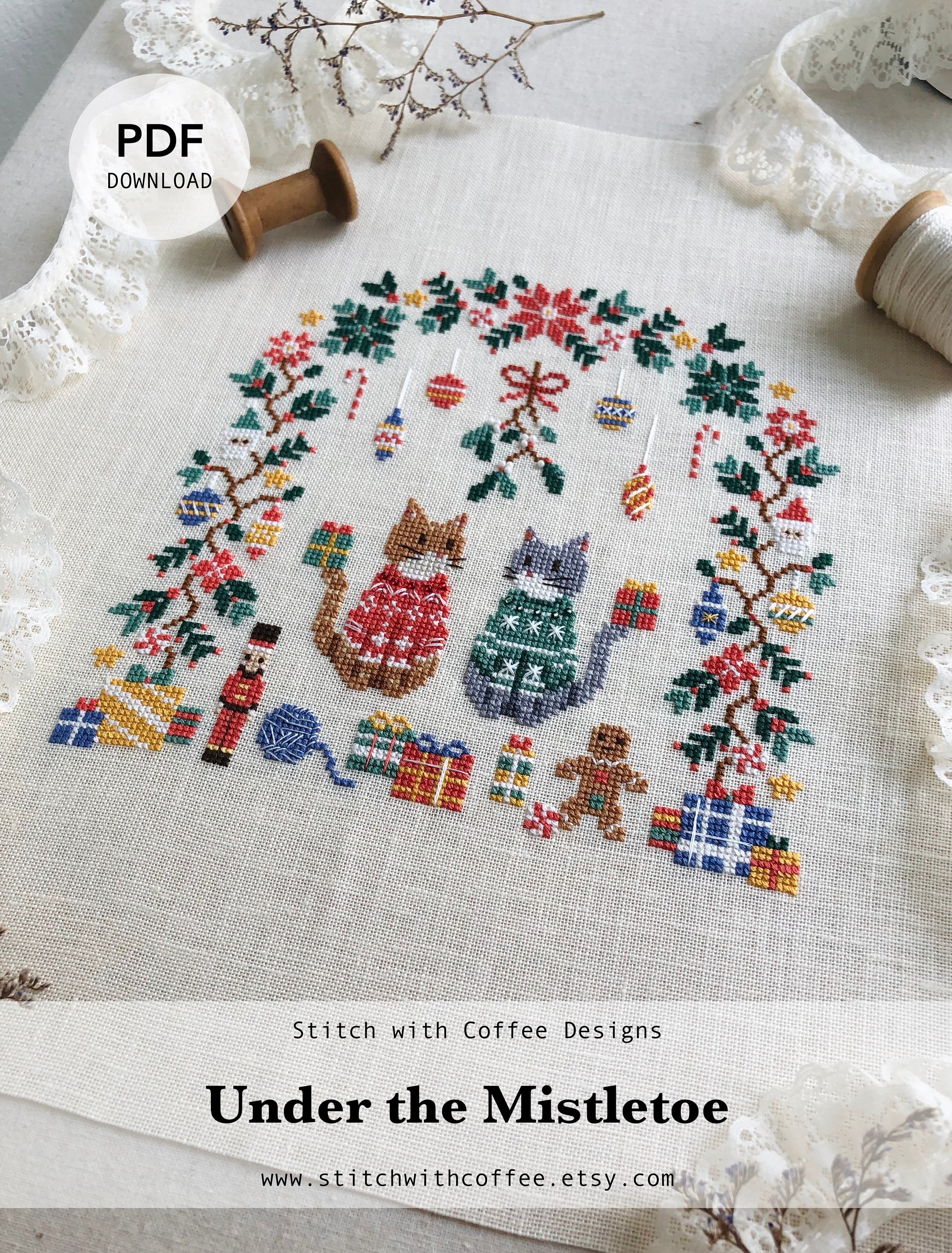 Under the Mistletoe Christmas Cross Stitch Chart Cat Cross - Etsy