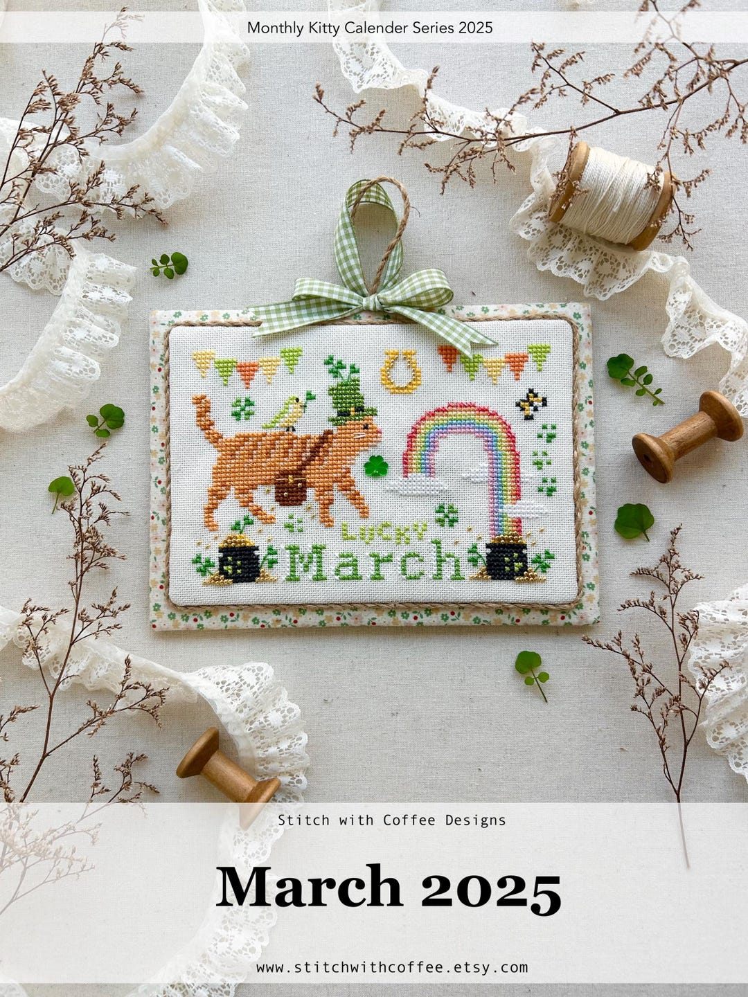 March 2025 Kitty Calender Series by Stitch With Coffee Designs Lucky ...