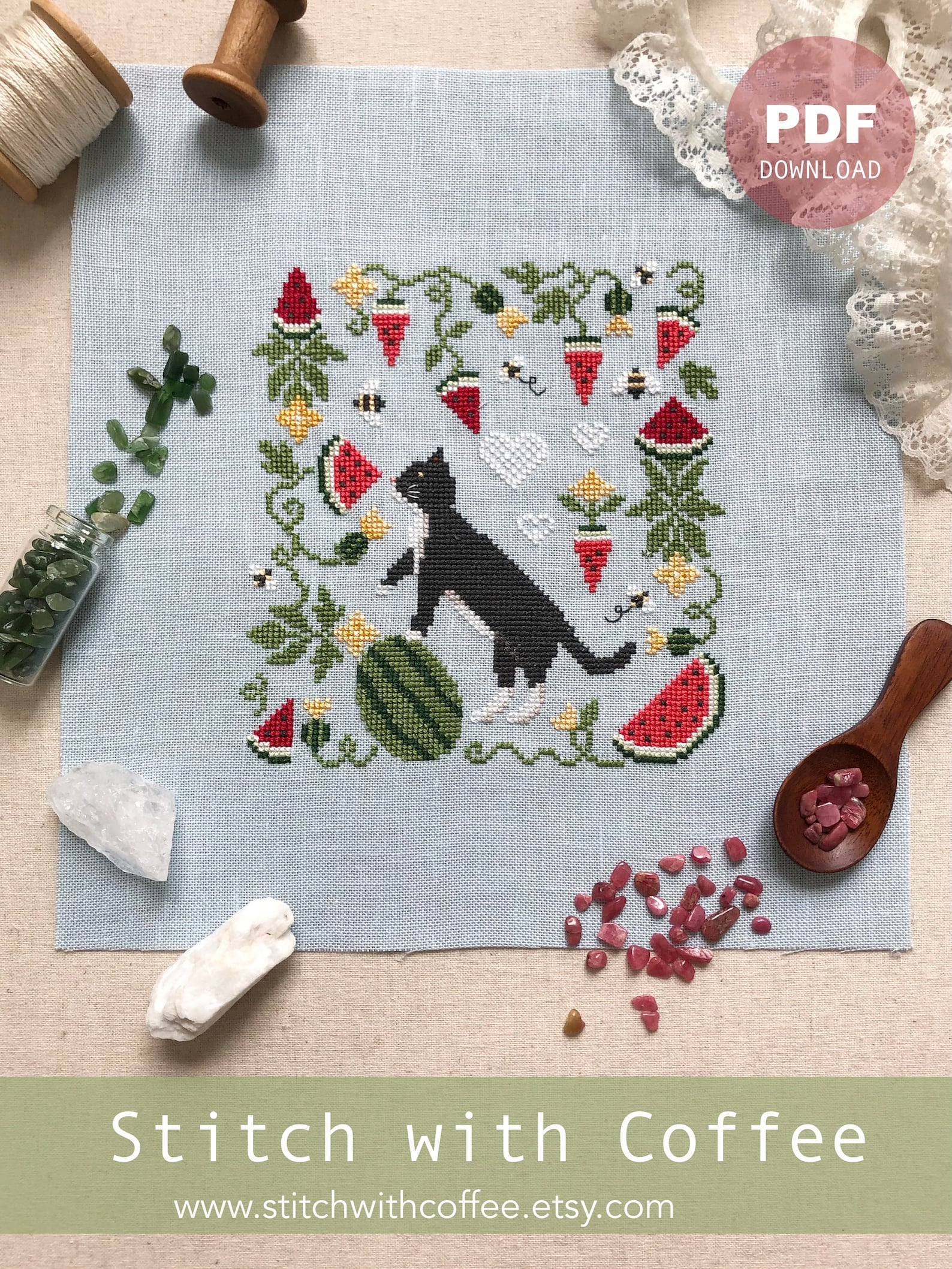 PDF Cross Stitch Pattern Chart Tuxey Tuxedo Cat Cross Stitch Watermelon ...