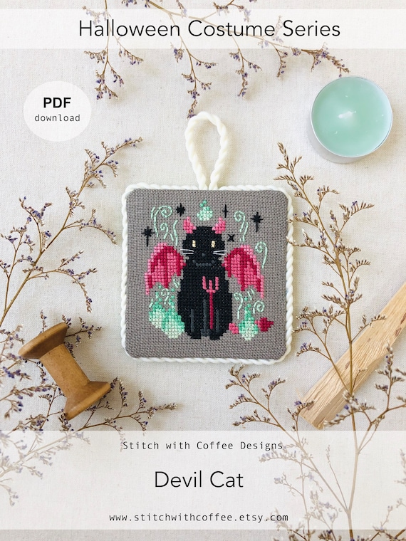 Devil Cat Halloween Cat Costume Cross Stitch Modern Chart - Etsy