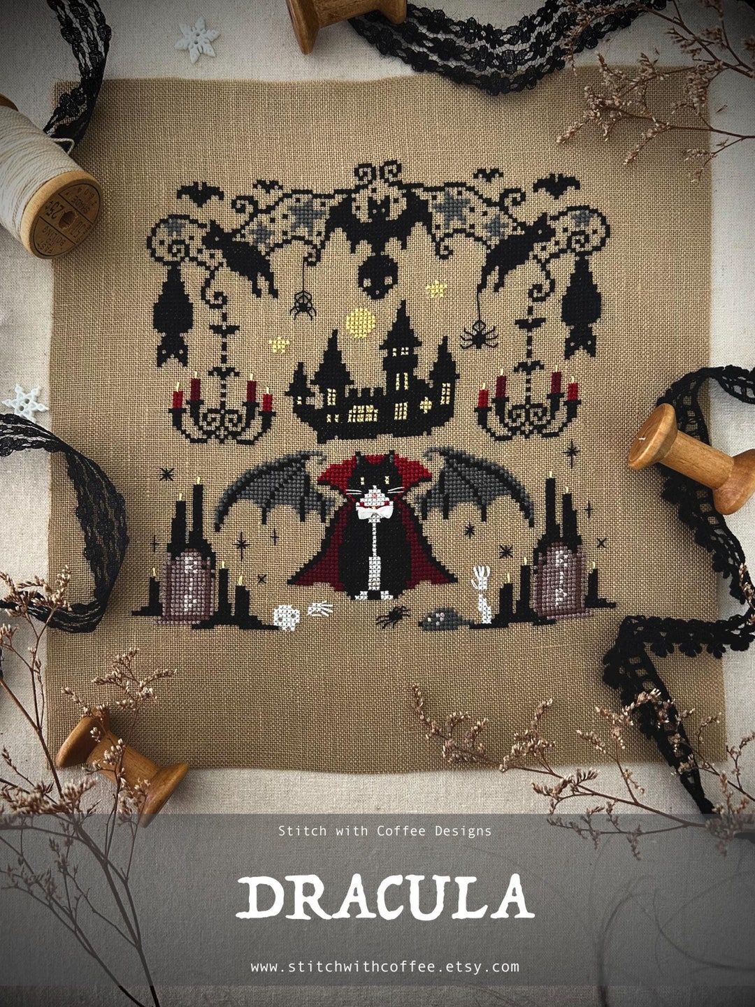 Dracula 2024 Halloween Cat Cross Stitch PDF Downloadable Chart Castle ...
