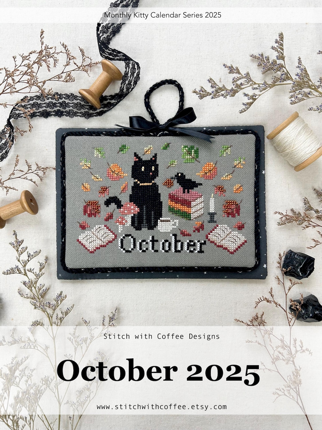October 2025 Kitty Calendar Series Bookish Fall Theme Cross Stitch Fall ...