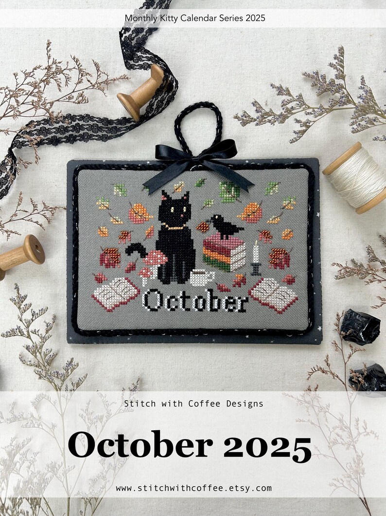 October 2025 Kitty Calendar Series Bookish Fall Theme Cross Stitch Fall ...