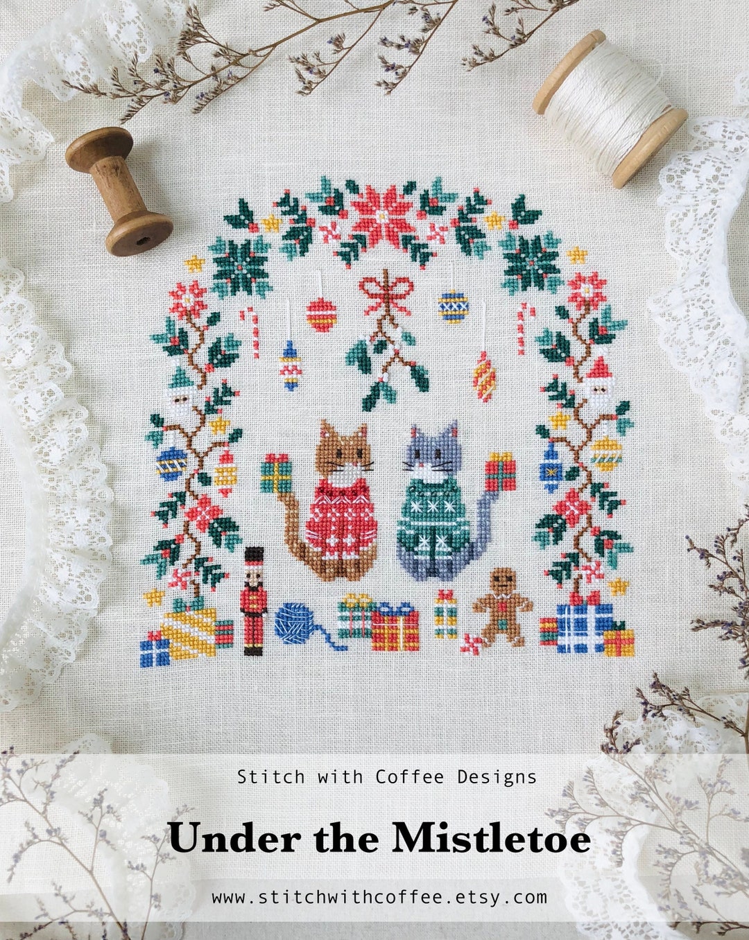Under the Mistletoe Christmas Cross Stitch Chart Cat Cross Stitch ...