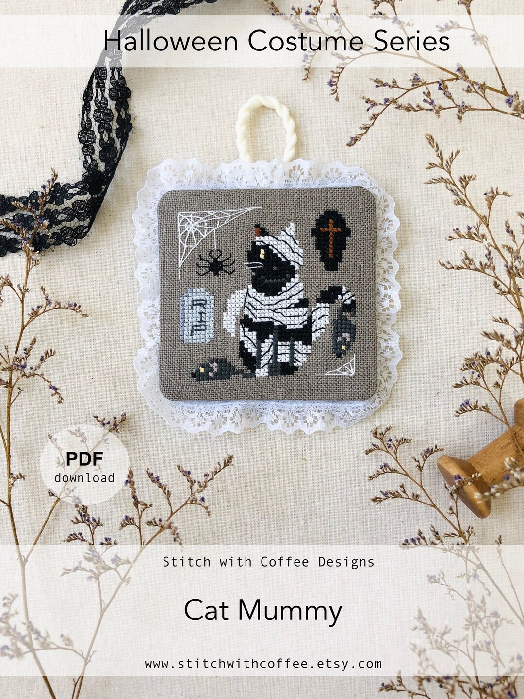 Cat Mummy Halloween Cat Costume Cross Stitch Modern Chart Pattern Mummy ...