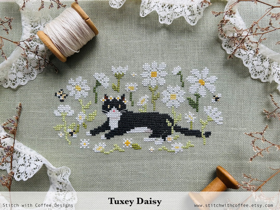 Tuxey Daisy - Cross Stitch Pattern Cat Tuxedo Cat Daisies PDF Download ...