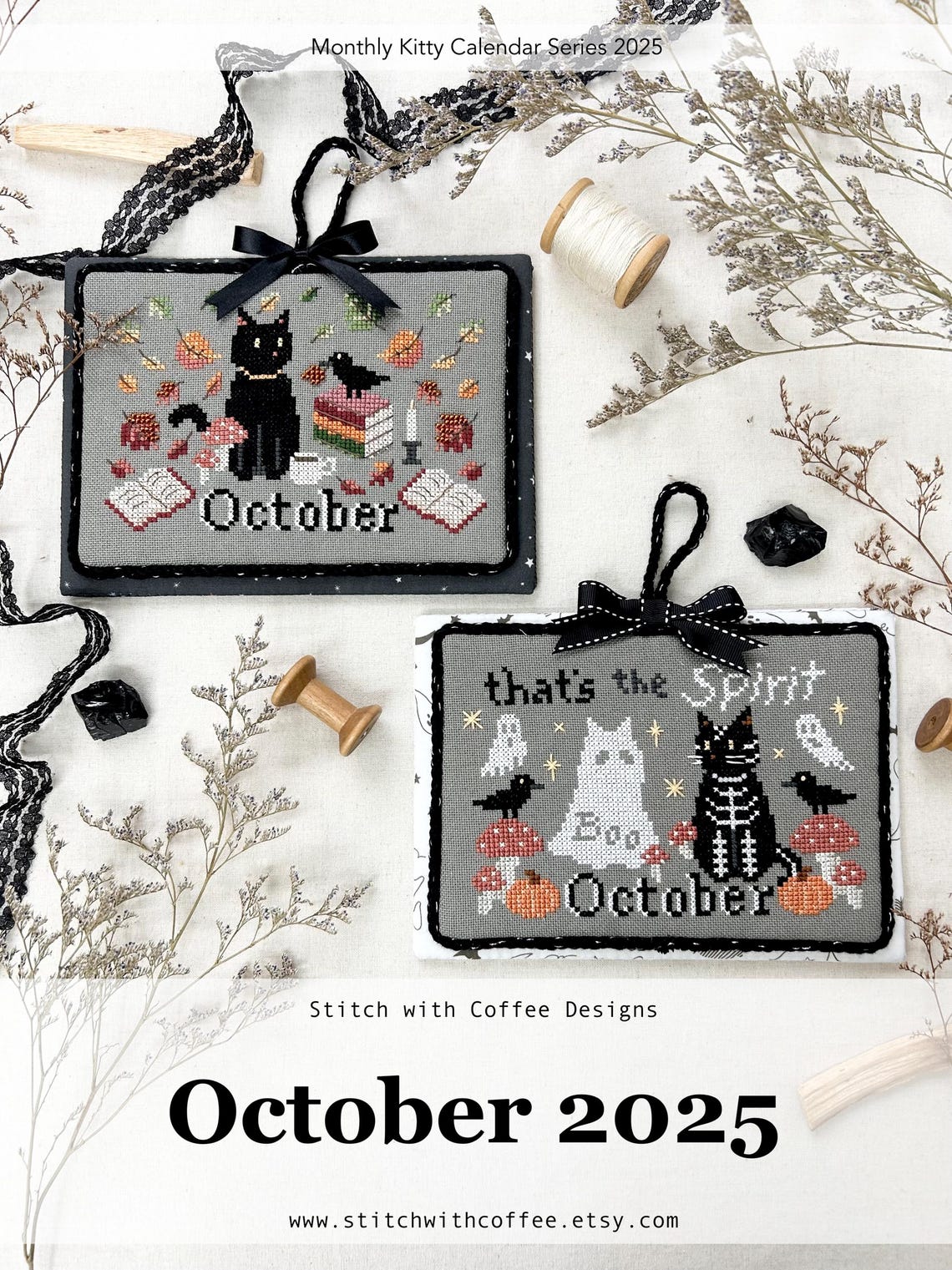 October 2025 Kitty Calendar Series Bookish Fall Theme Cross Stitch Fall ...