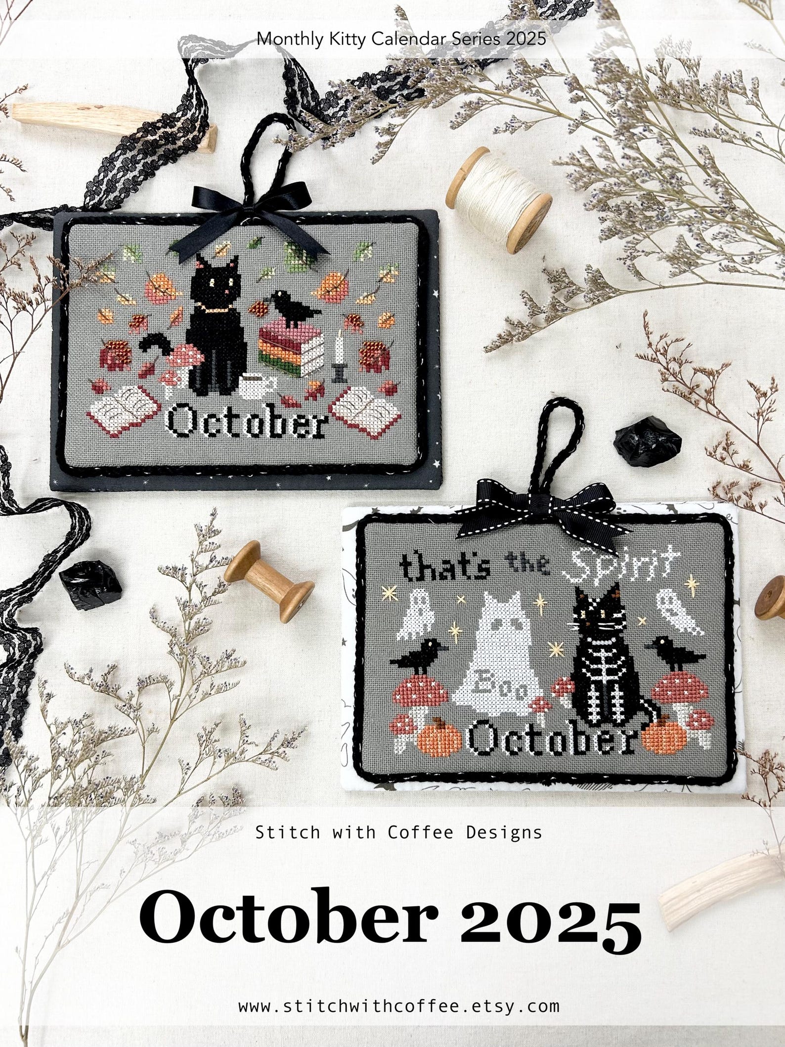 October 2025 Kitty Calendar Series Bookish Fall Theme Cross Stitch Fall ...