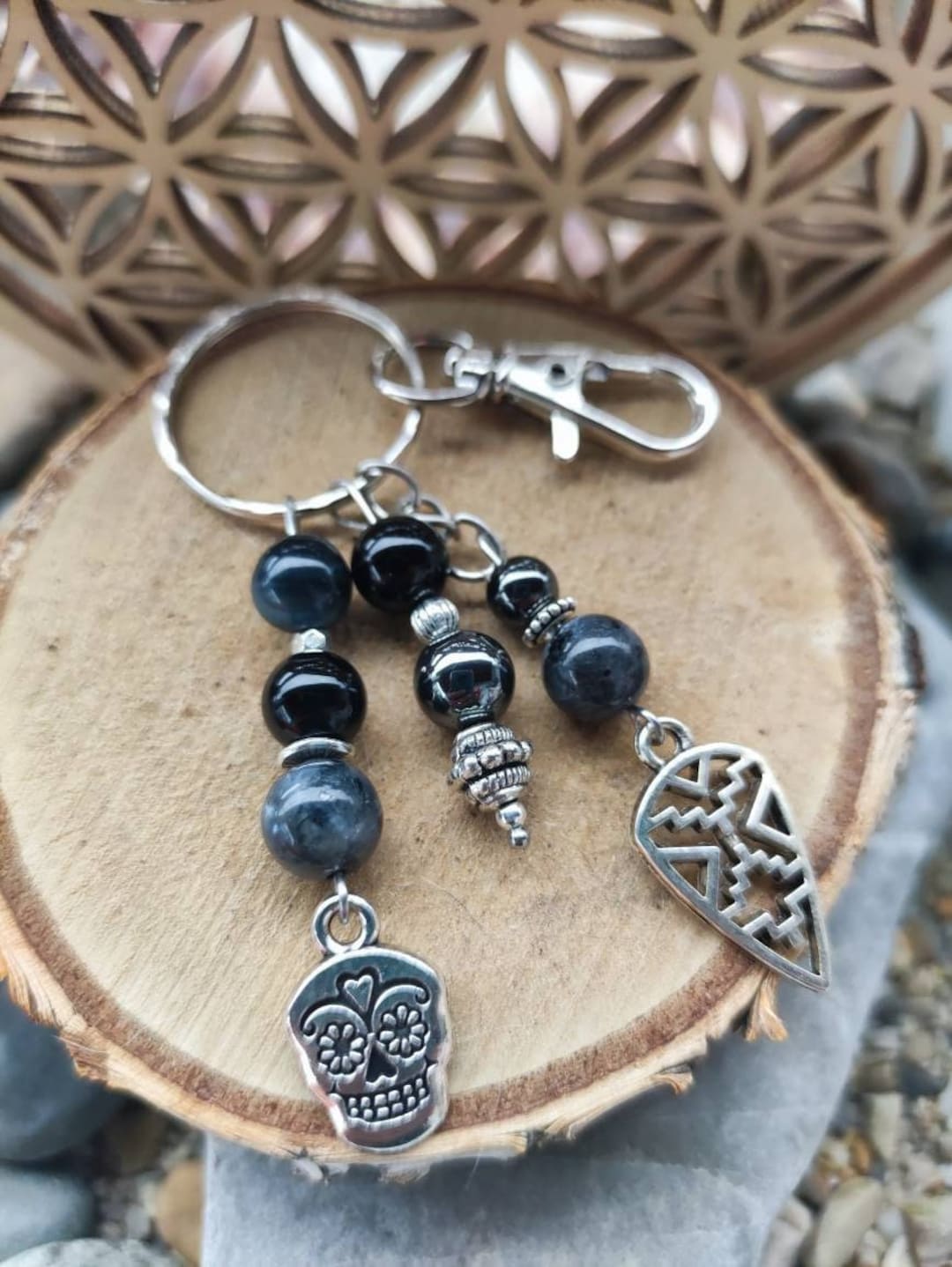 Bag Charm, Skull Key Ring, Hawk's Eye, Larvikite, Hematite and Onyx - Etsy