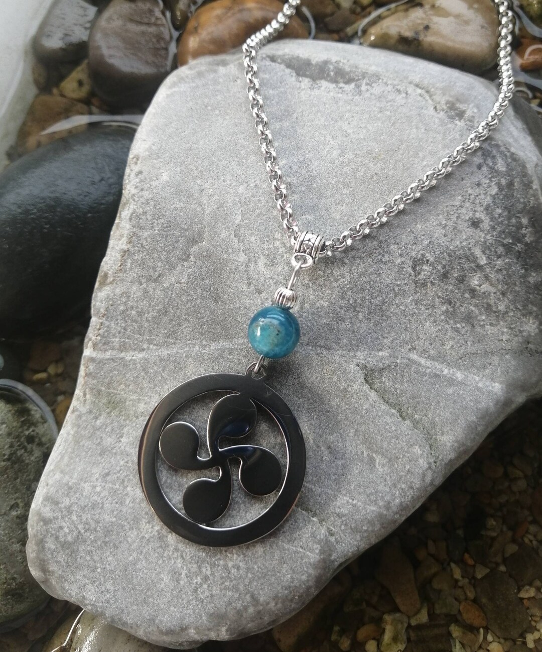 Lauburu Basque Cross Necklace in Stainless Steel With Apatite Bead - Etsy