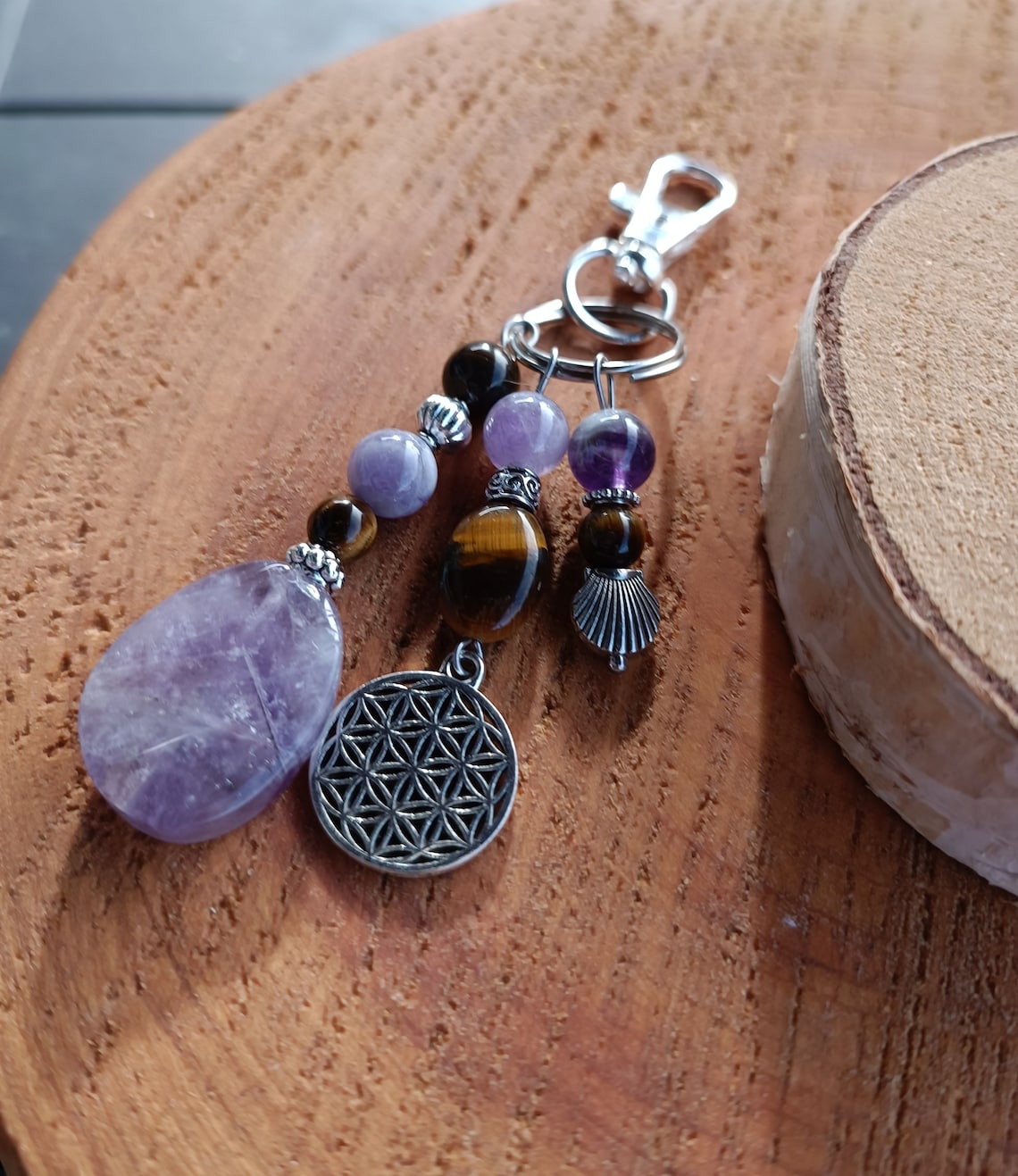 Bag Charm, Key Ring, Flower of Life, With Amethyst and Tiger's Eye ...