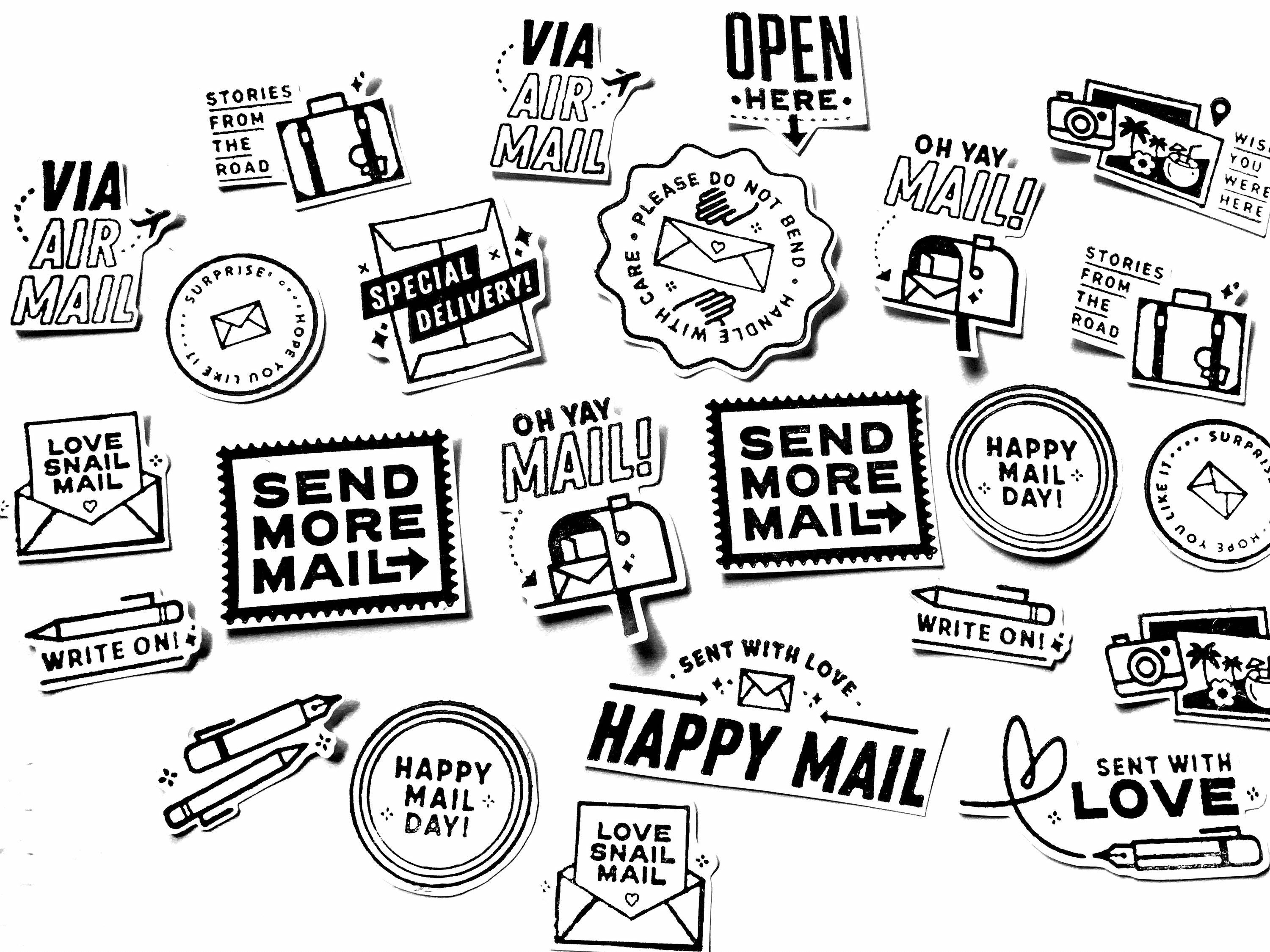 Happy Mail Hand Stamped Stickers Pack of 20 Colouring in - Etsy UK
