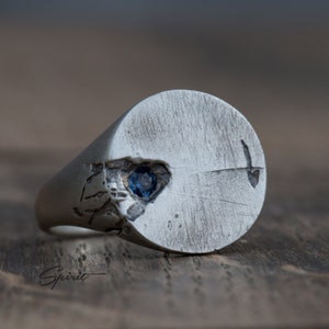Signet Ring With Blue Sapphire - Mens Ring - Brushed Ring - Silver ...