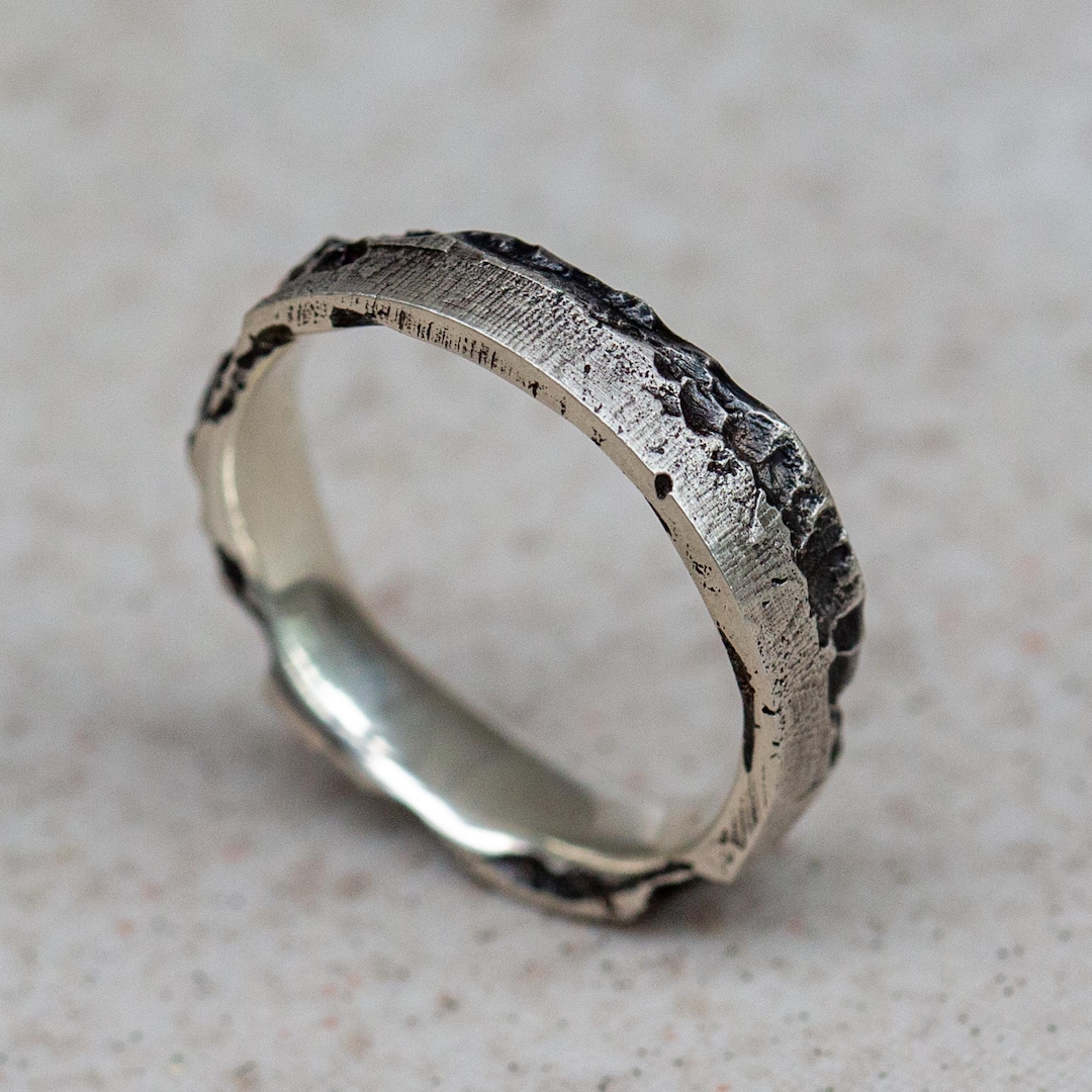 Oxidized Rustic Silver Ring - Wedding Band - Handmade Textured Mens ...