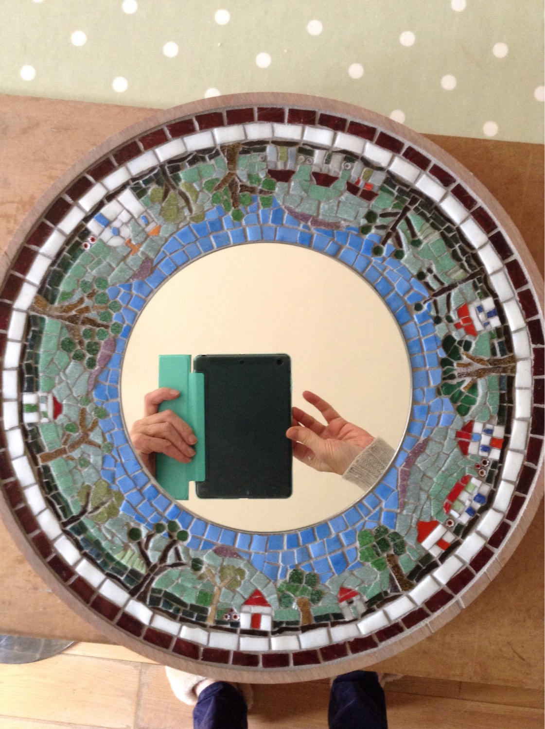 Mosaic Mirror Decorated Houses Trees and Church Circular Mosaic Round ...