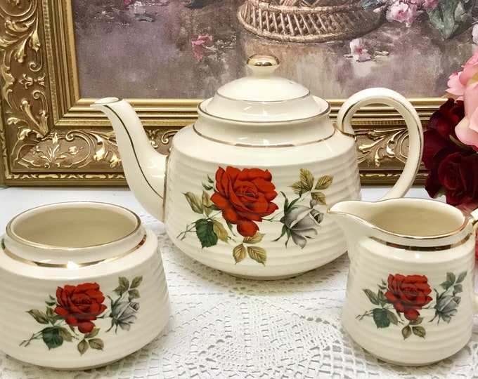 Sadler Red Rose Teapot With Cream and Sugar. - Etsy