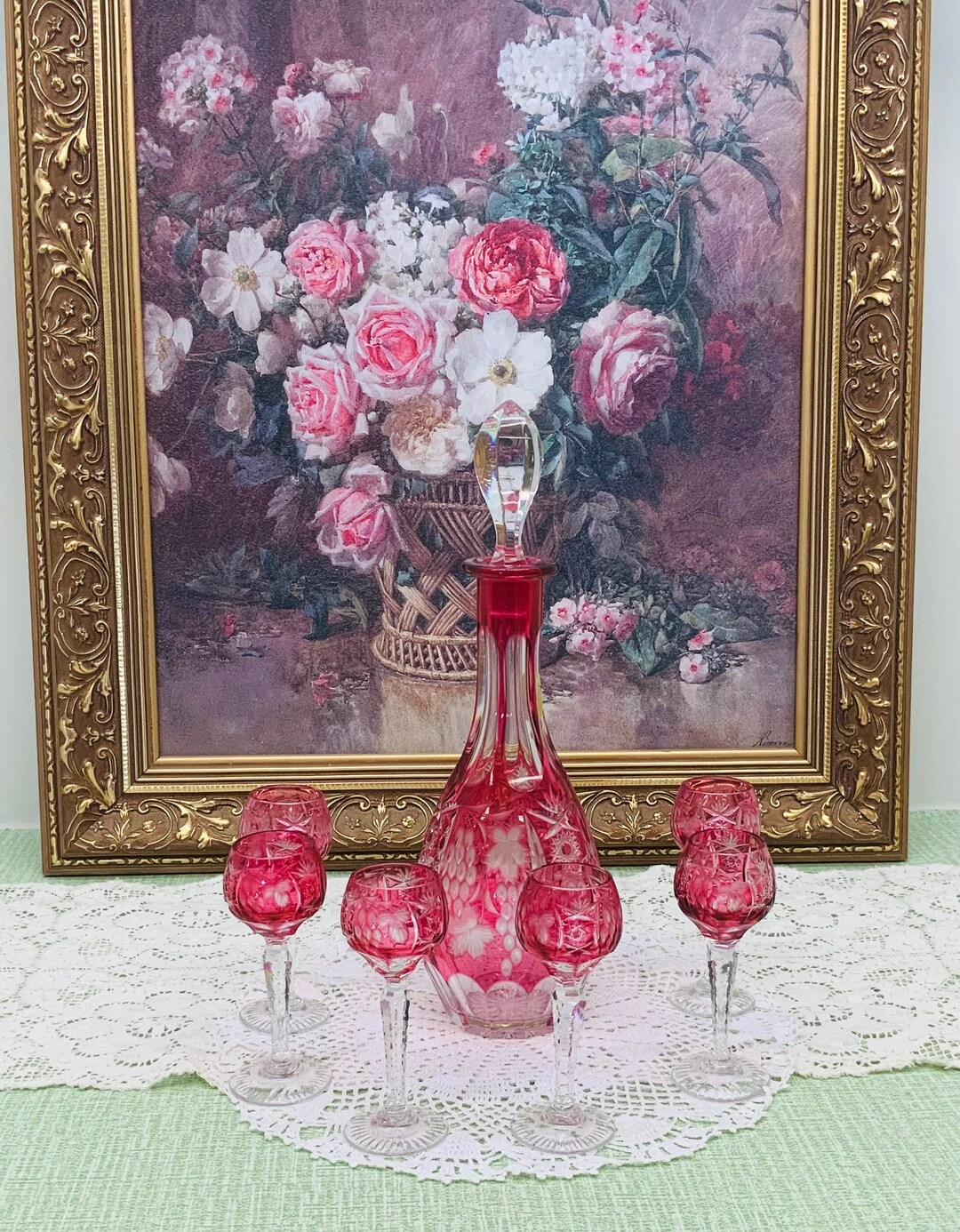 Vintage Imperlux Pink Crystal Cut to Clear Decanter and 6 Crystal Cut ...