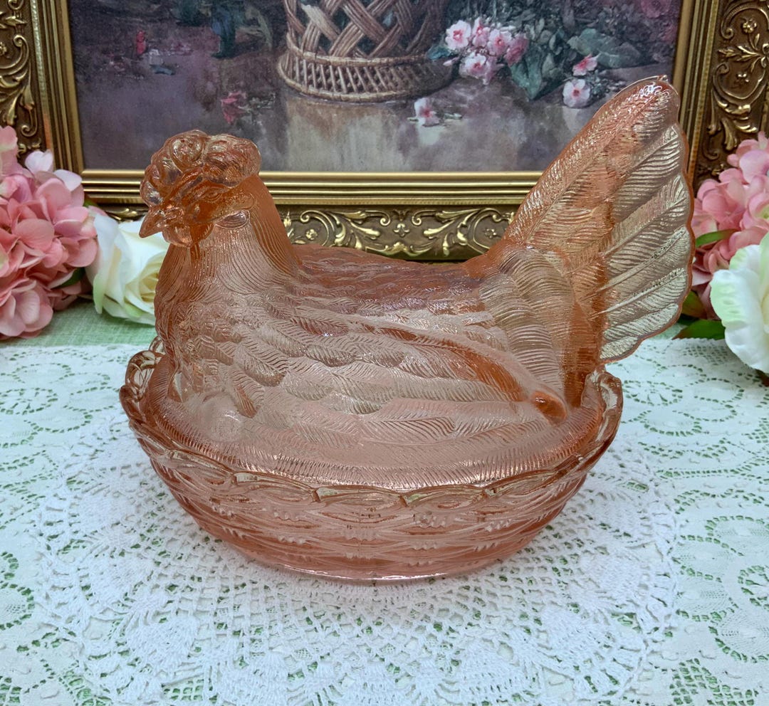 Small Pink Glass Hen on Nest Split Tail. - Etsy