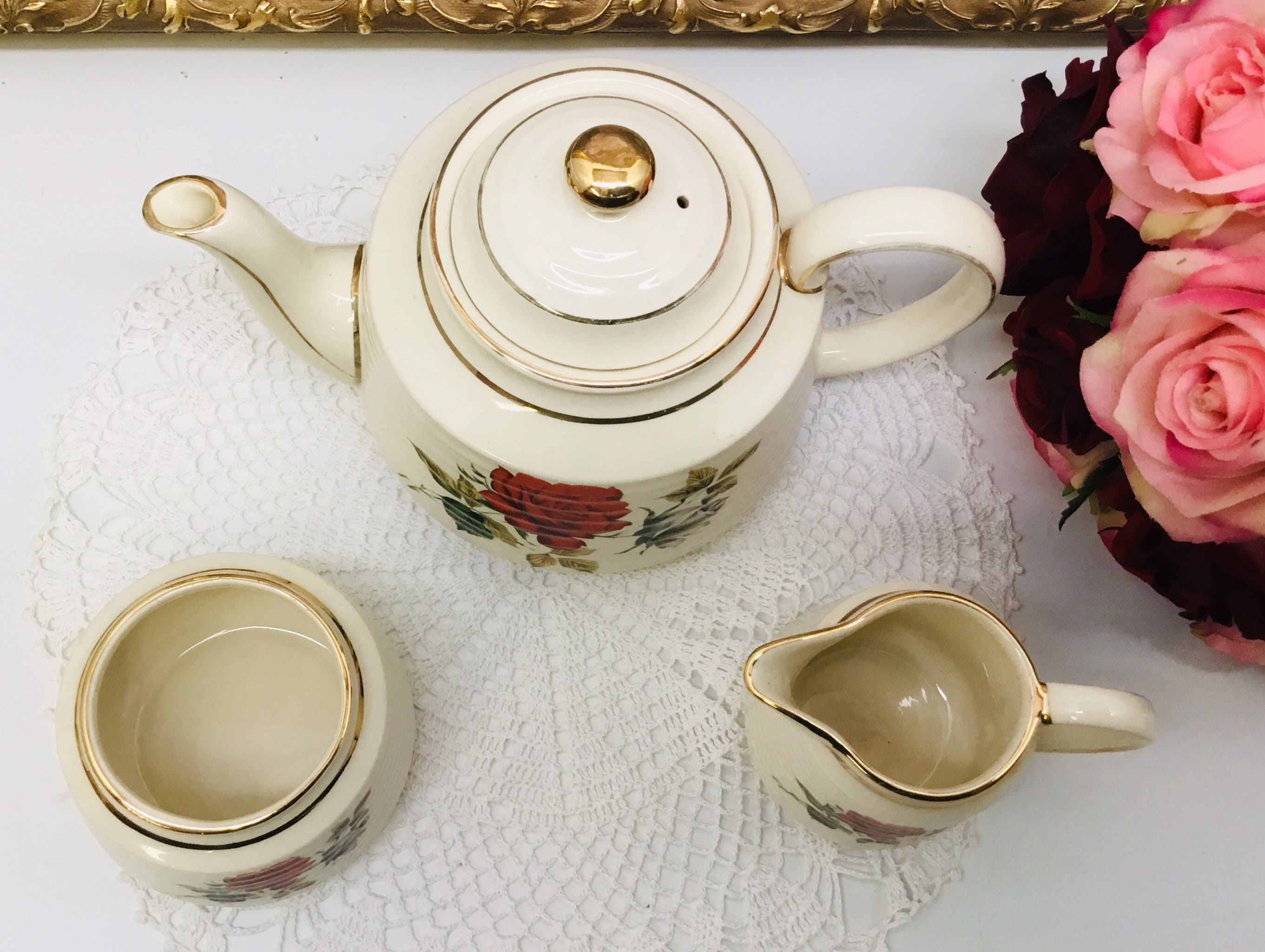 Sadler Red Rose Teapot With Cream and Sugar. - Etsy