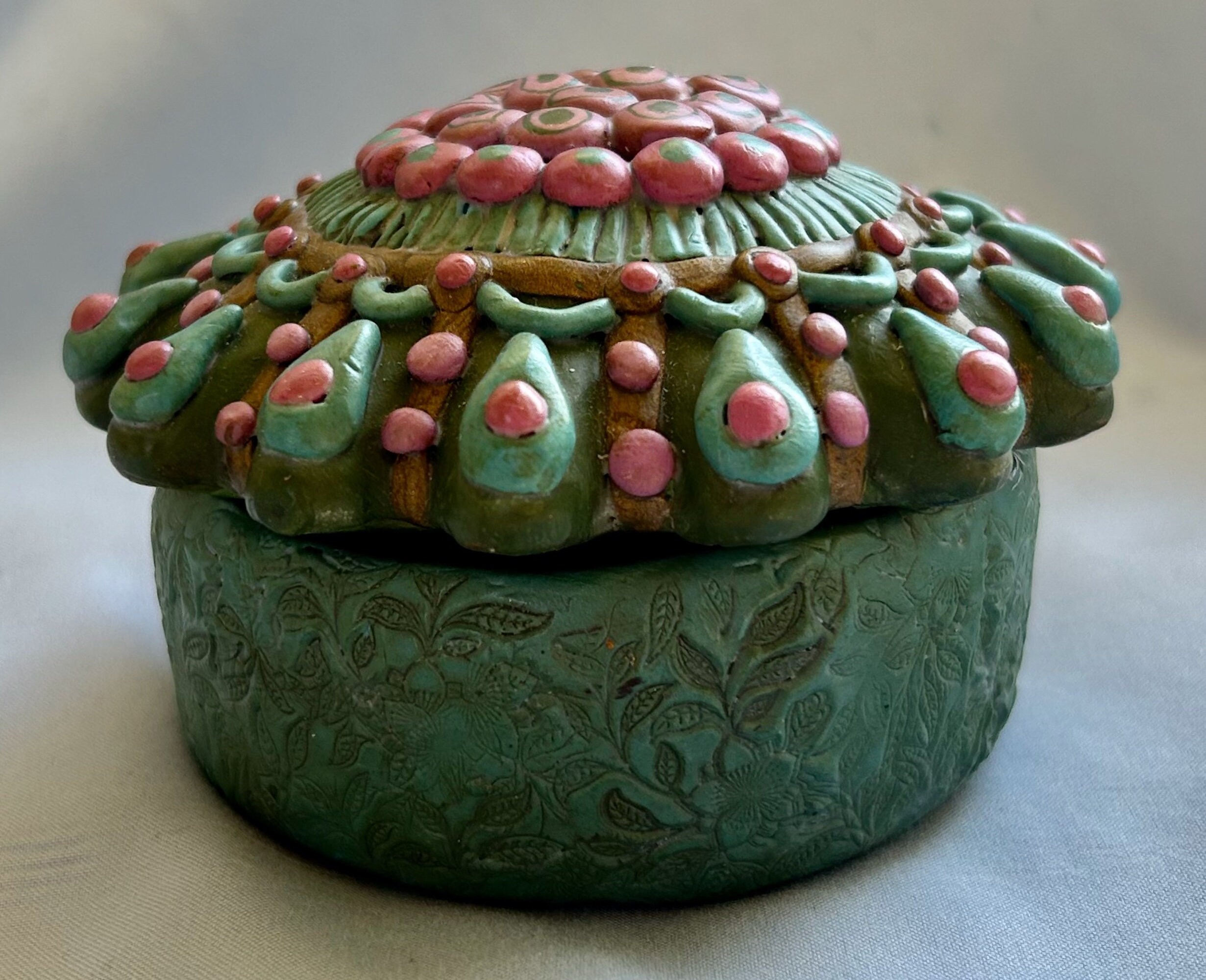 Handcrafted Clay Box Decorative Polymer Clay Box Round Green Box ...