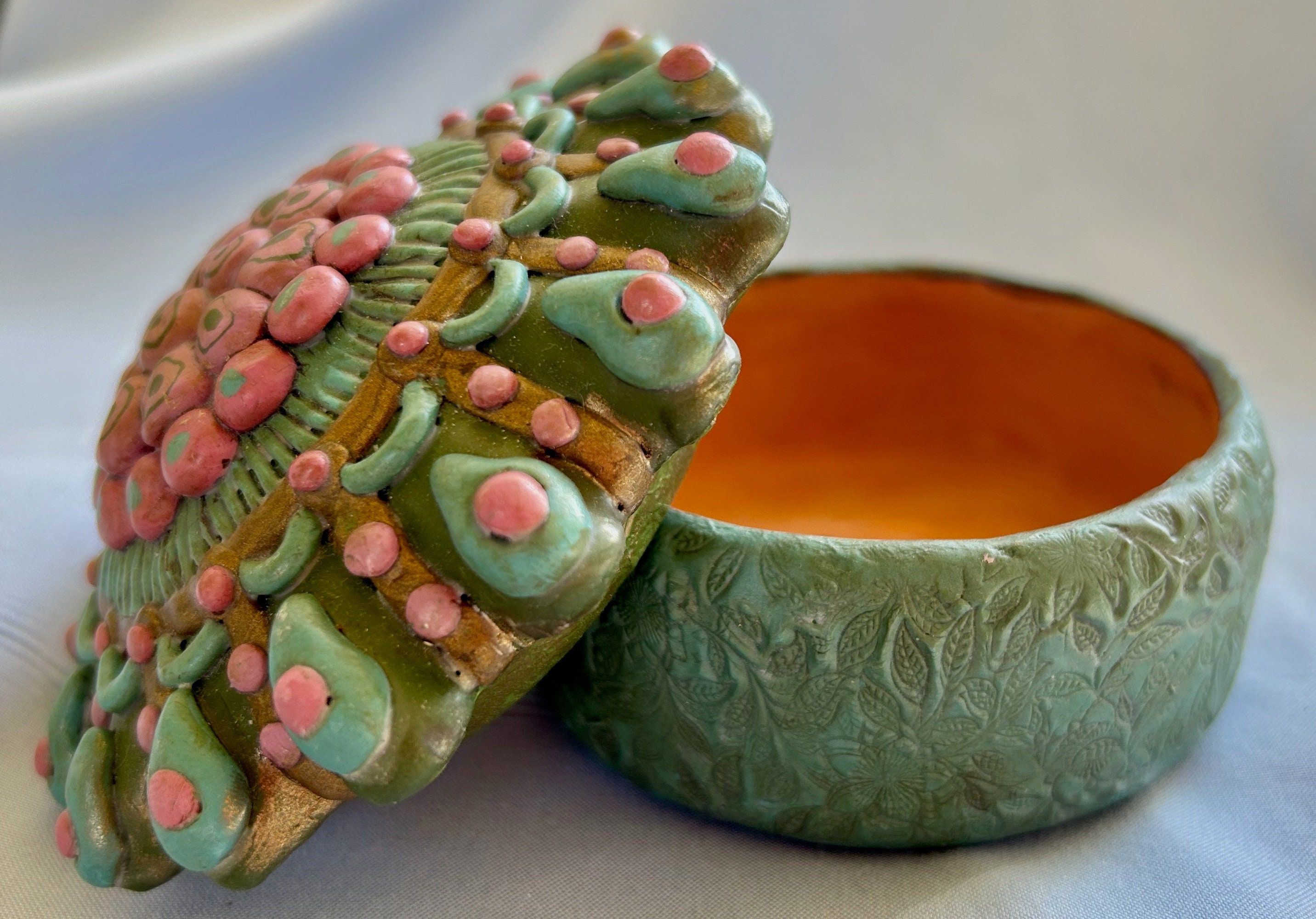 Handcrafted Clay Box Decorative Polymer Clay Box Round Green Box ...