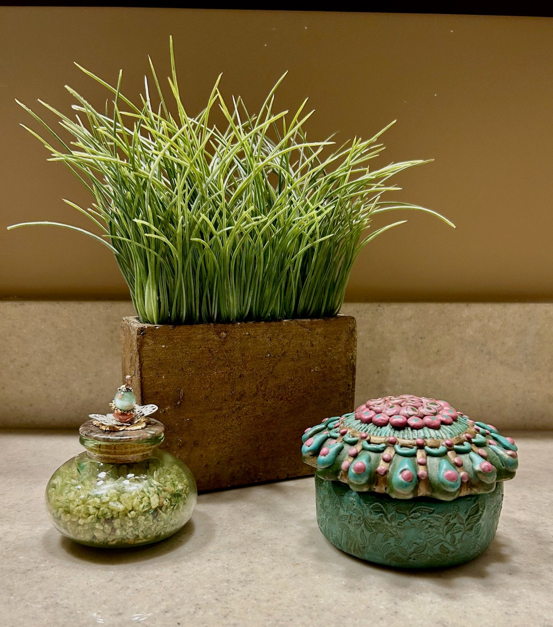 Handcrafted Clay Box - Decorative Polymer Clay Box - Round Green Box ...