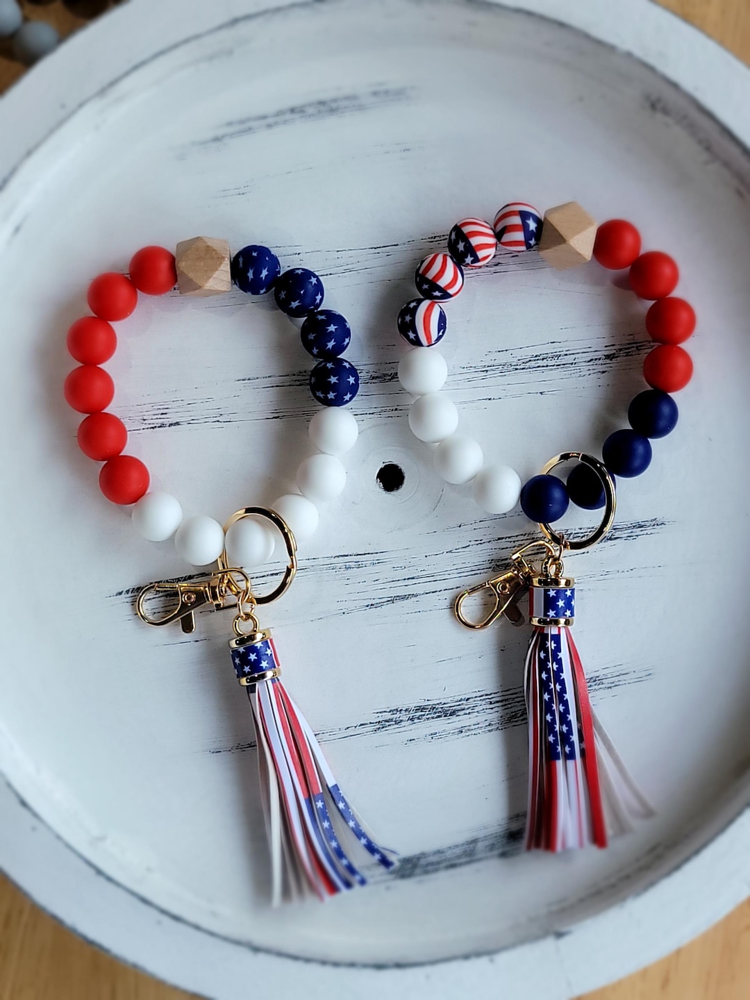 American Flag Silicone Bead Wristlet Keychain | Boho Tassel Key Fob - Etsy