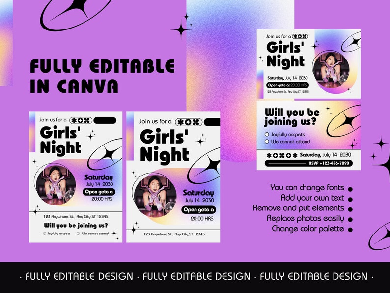 Girls Night Invitation Canvatemplates Vibrant & Bold Canva Editable ...
