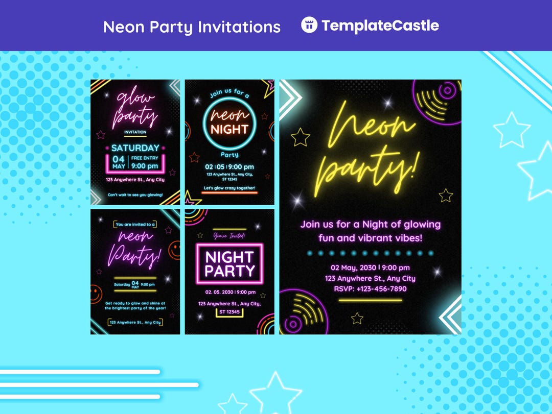 Neon Party Invitations Templates Bundle Canva Editable Neon Party ...