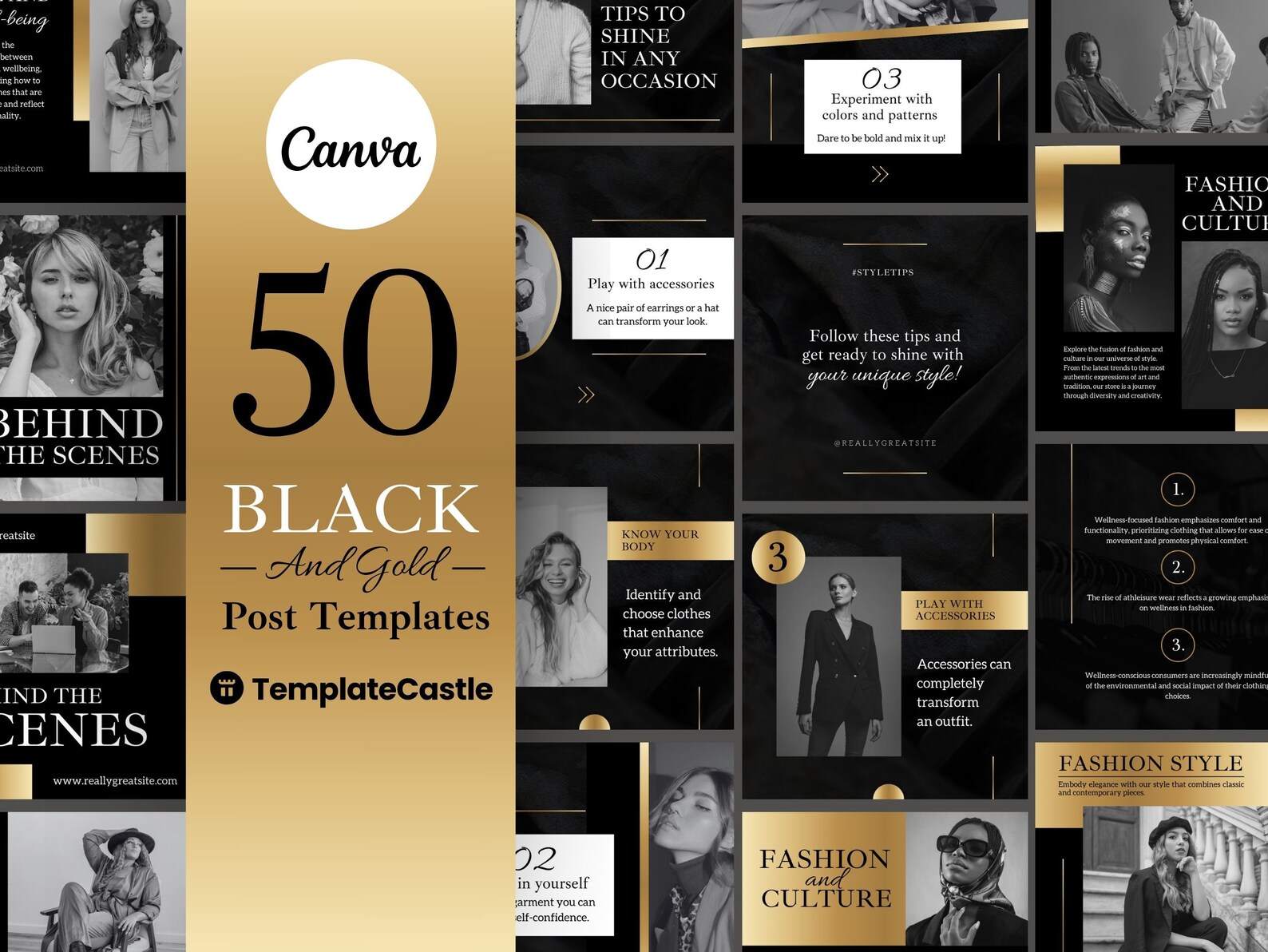 50 Post Templates Canva Black and Gold Instagram Post Luxury ...