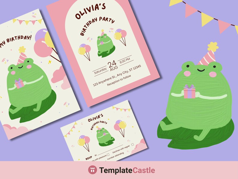 Frog Birthday Party Invitation Green Frog RSVP Card Template Editable ...