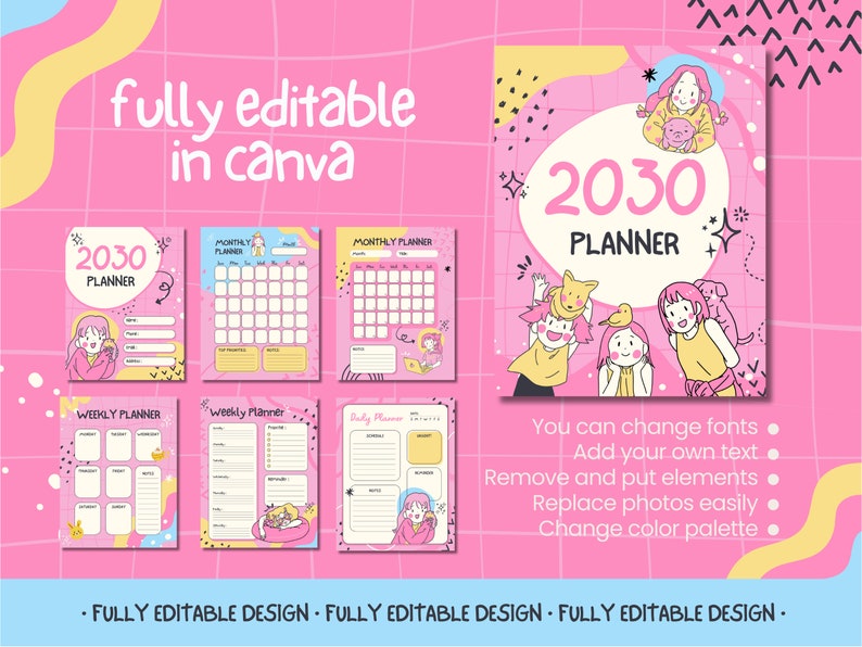 12 Planner Canva Templates Pack Cute Pink Planner Template Beautiful ...
