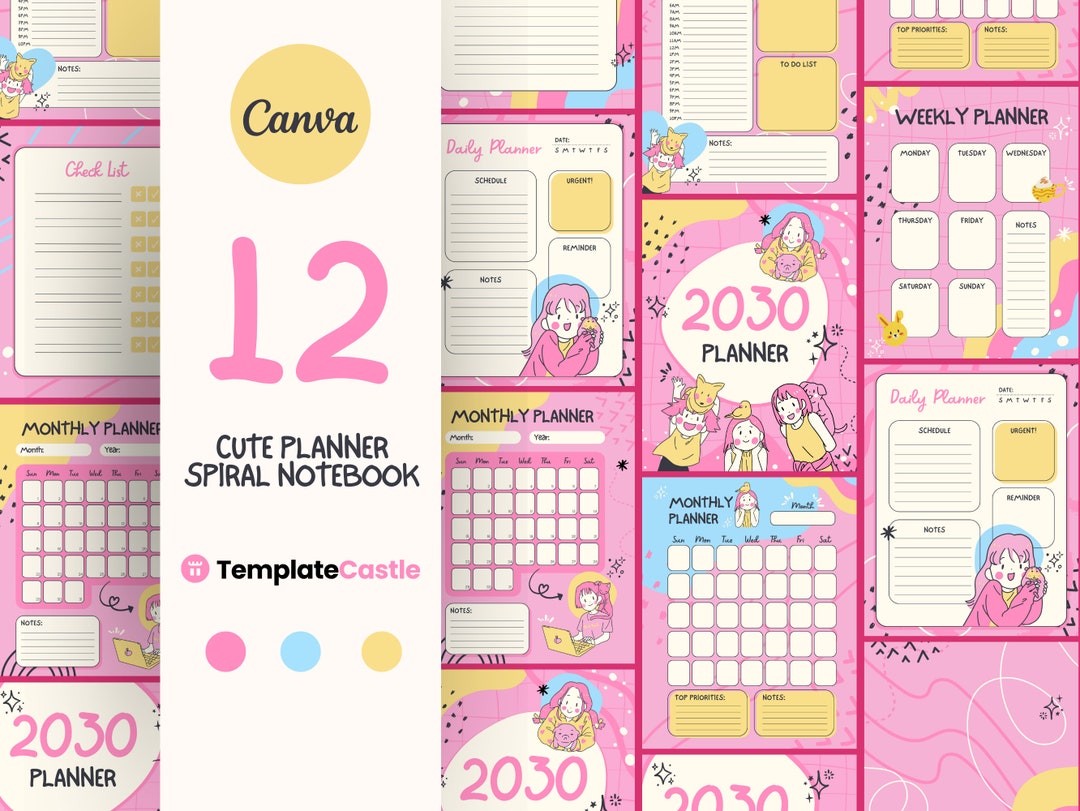 12 Planner Canva Templates Pack Cute Pink Planner Template Beautiful ...