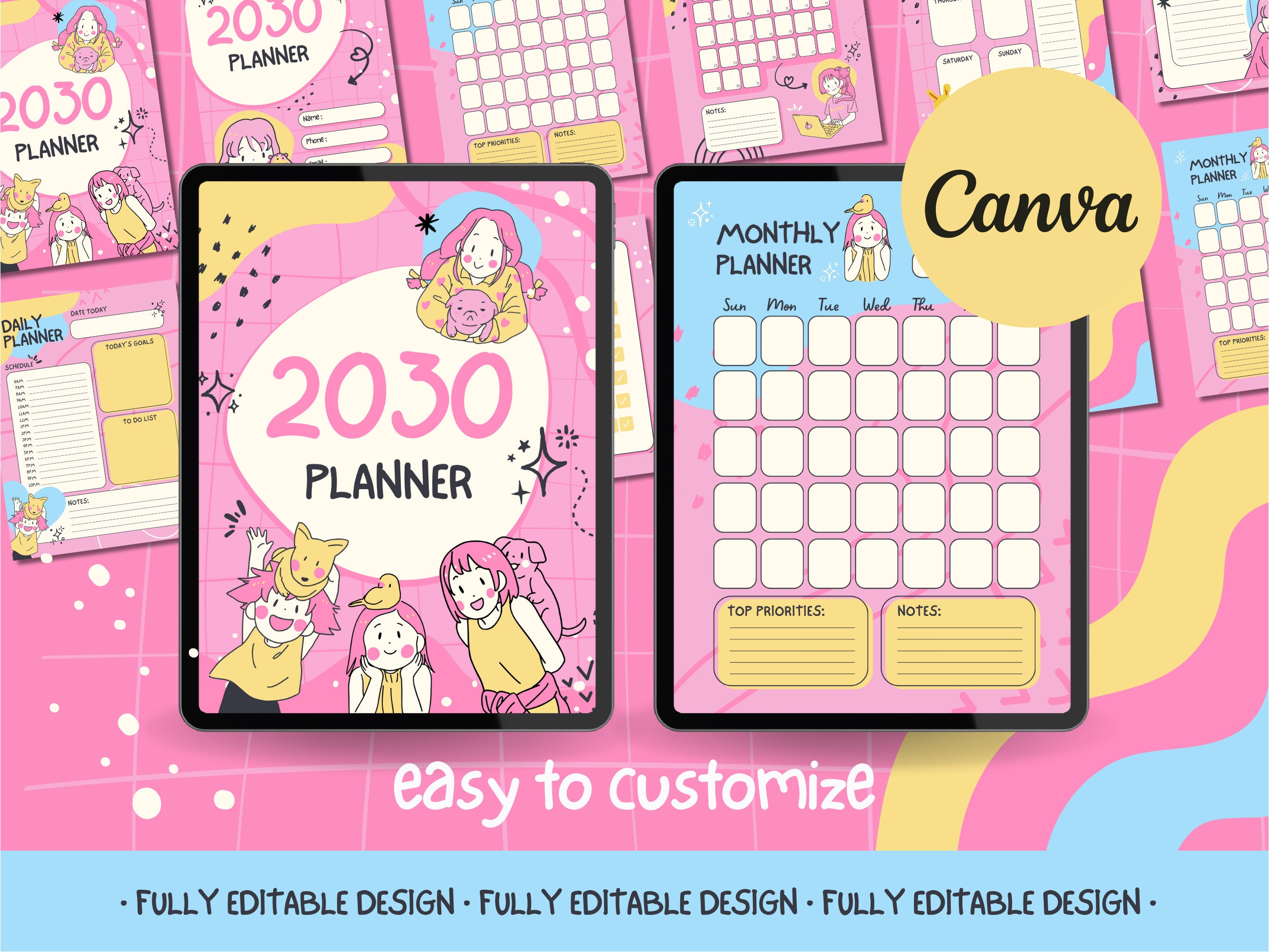 12 Planner Canva Templates Pack Cute Pink Planner Template Beautiful ...