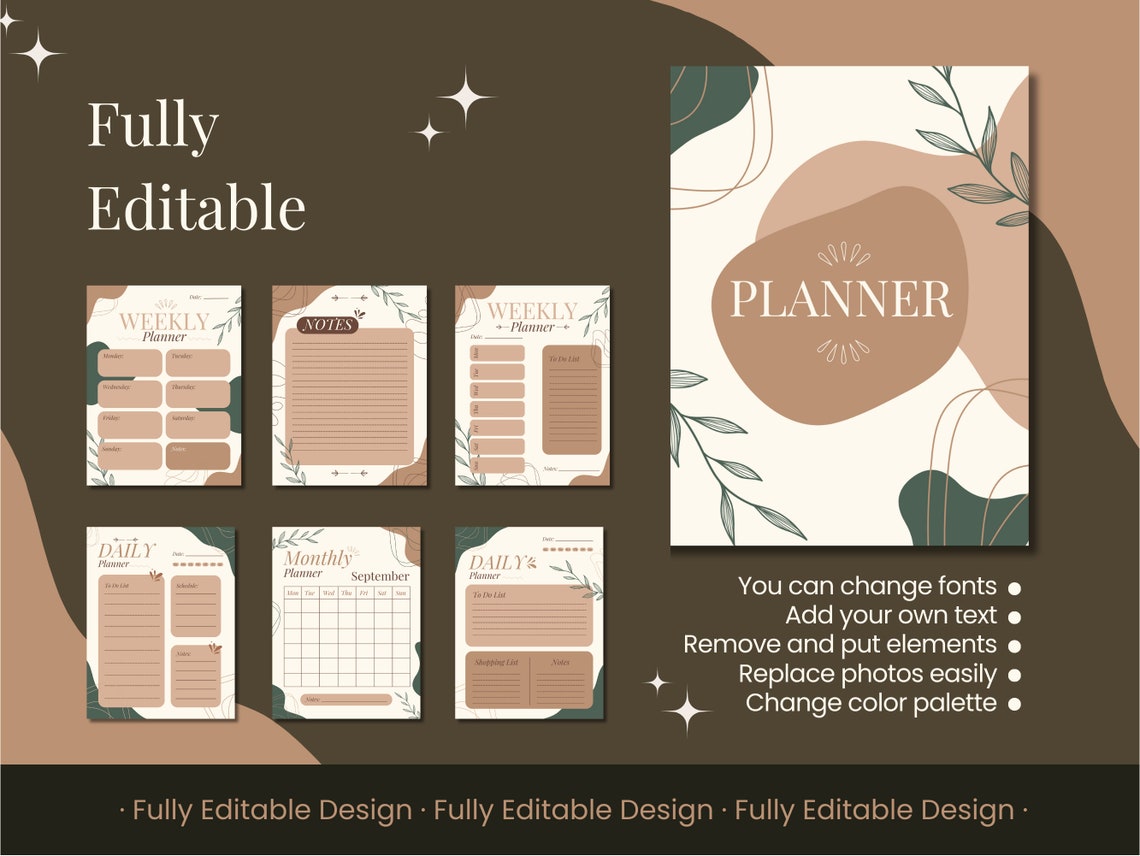 20 Botanical Planner Template Editable Canva Template Leaves Planner ...
