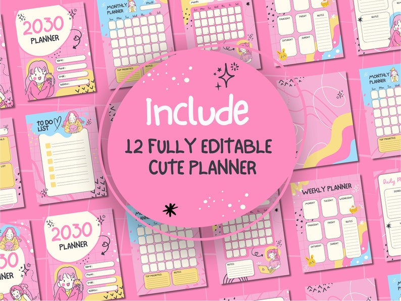 12 Planner Canva Templates Pack Cute Pink Planner Template Beautiful ...