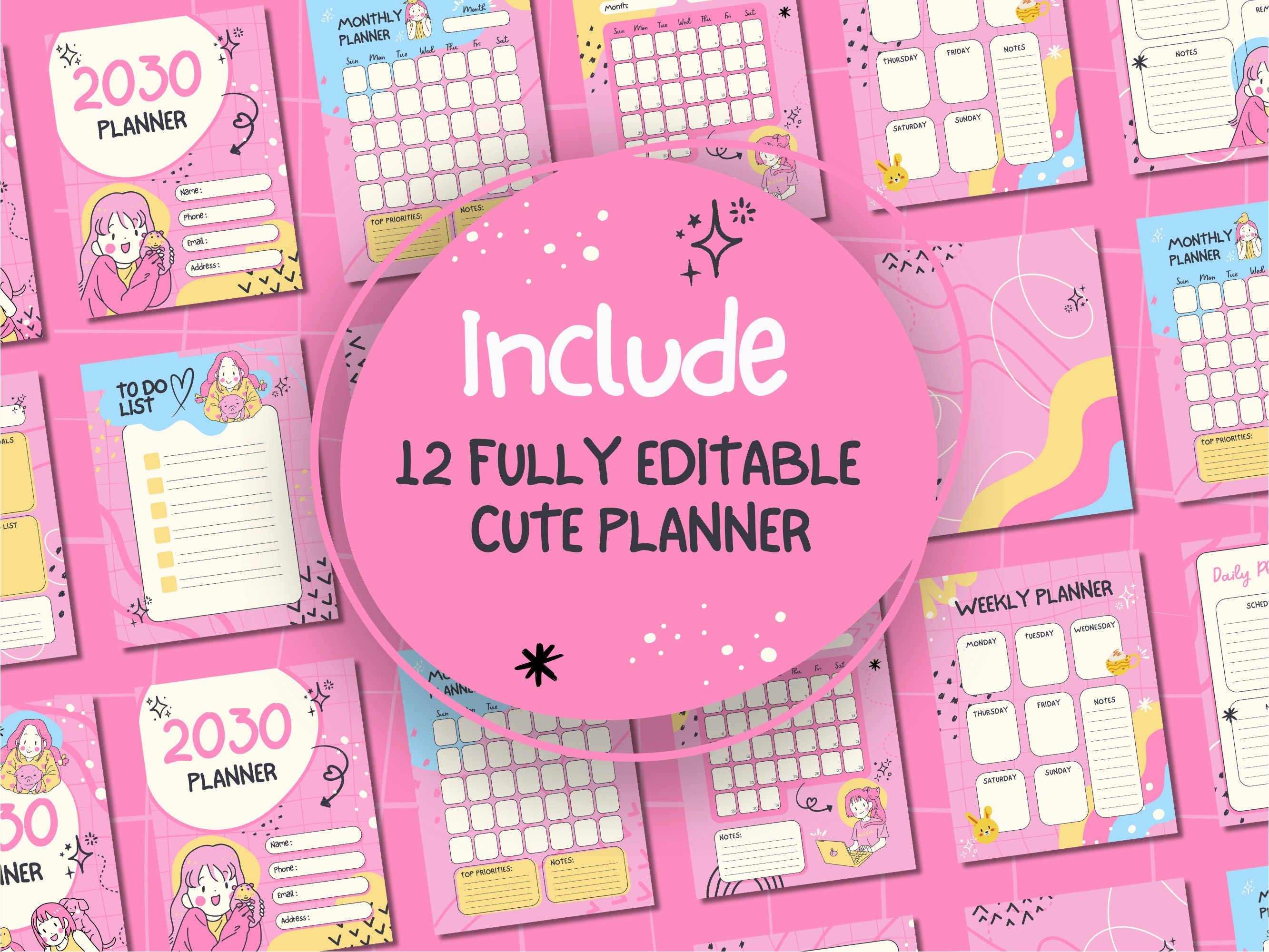 12 Planner Canva Templates Pack Cute Pink Planner Template Beautiful ...