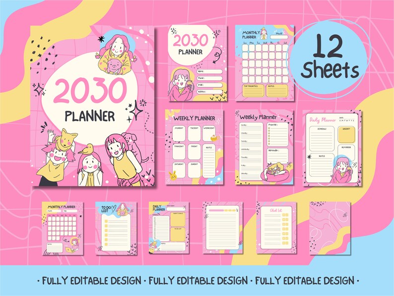 12 Planner Canva Templates Pack Cute Pink Planner Template Beautiful ...