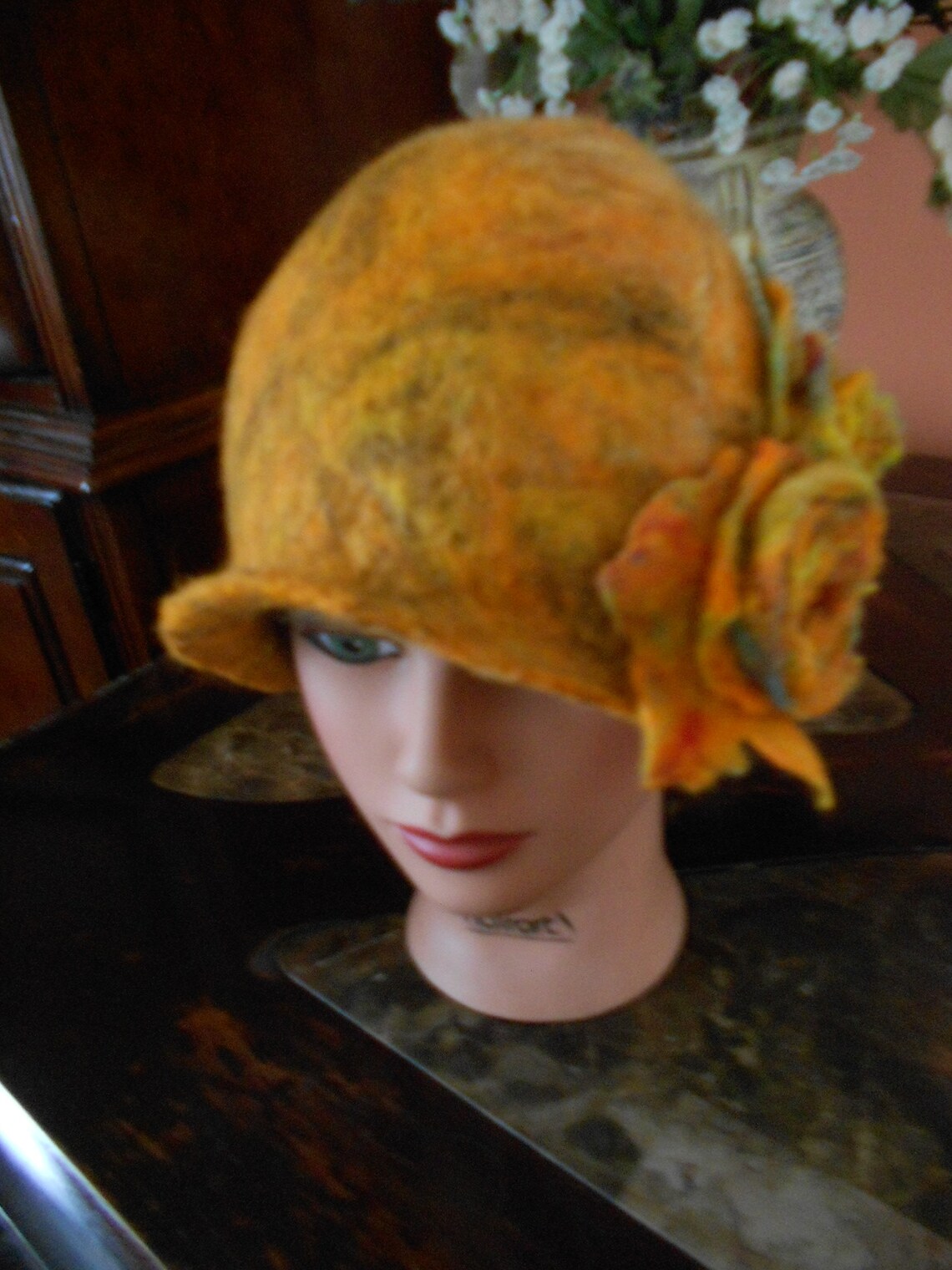 Womens Hat Flowers Hat Felt Hat Wool Hat Winter Hat Orange Hat - Etsy