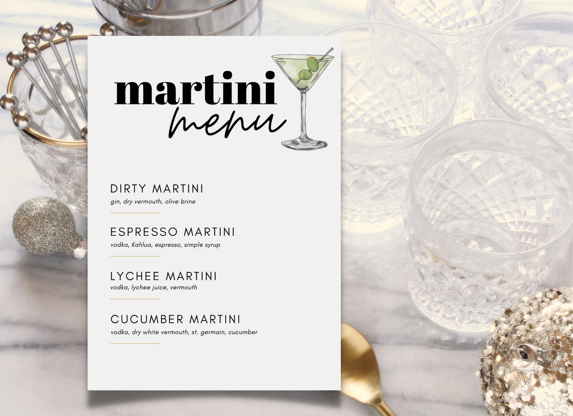 Martini Bar & Cocktail Menu Template | Dirty Martini Party | Digital ...