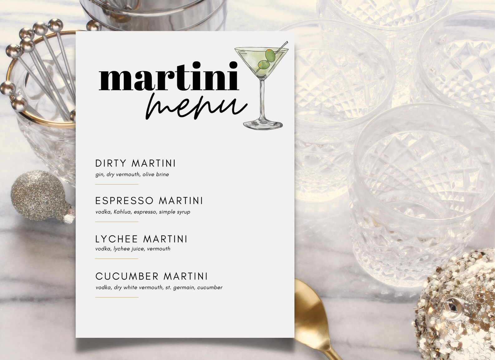 Martini Bar & Cocktail Menu Template Dirty Martini Party Digital ...